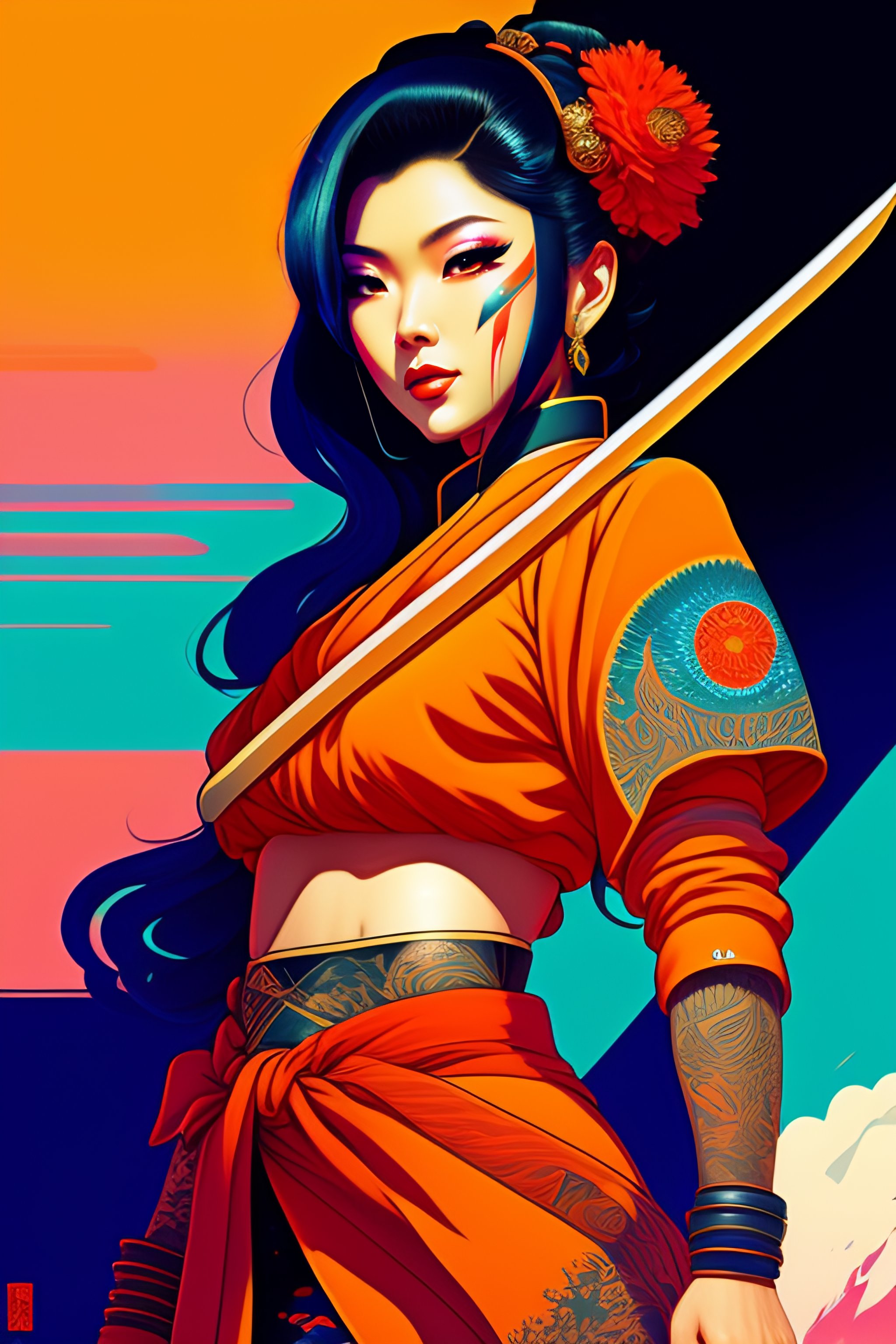 Lexica - Geisha covered with tattoos holding a katana with a ...