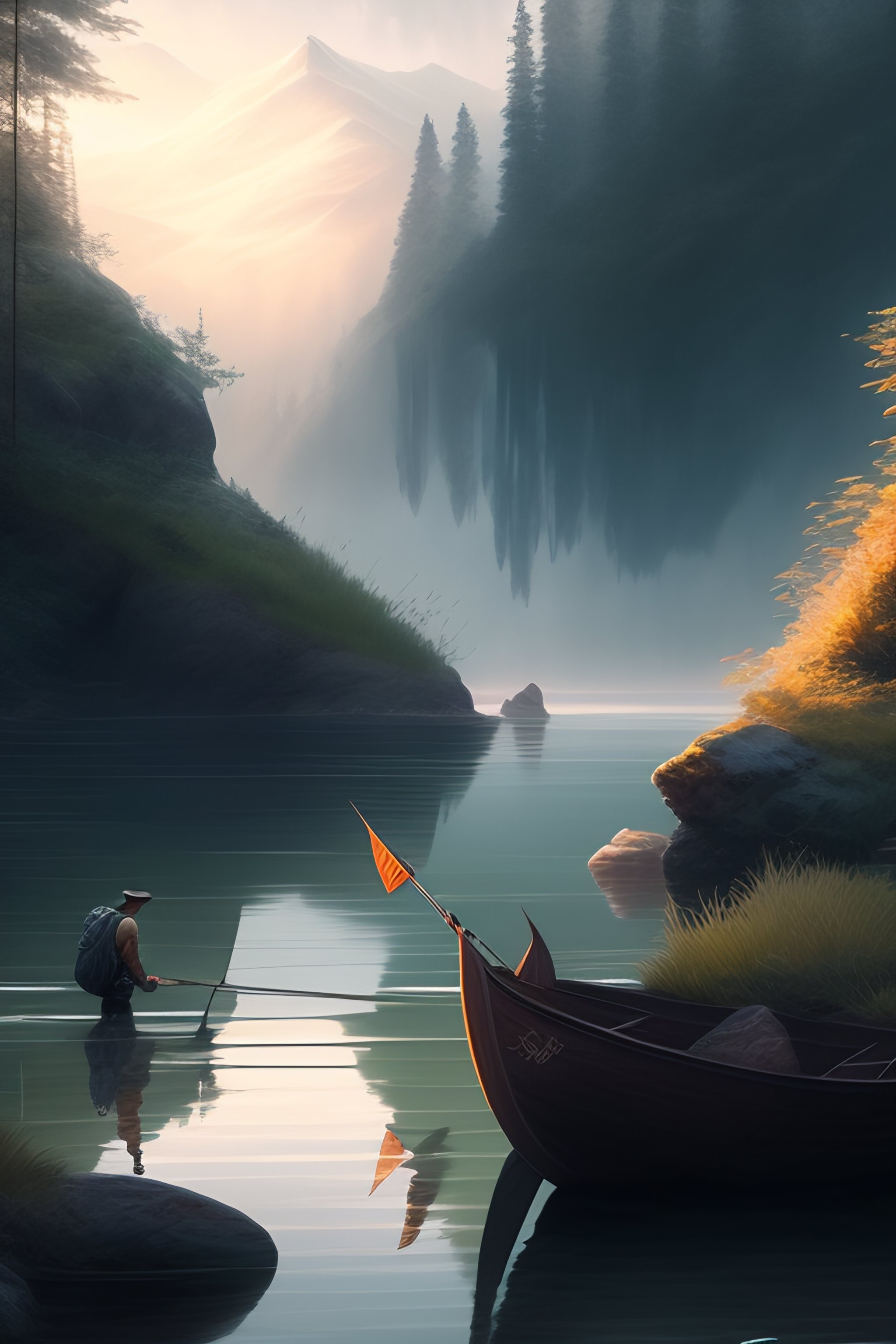 Lexica - 2 friends with fishing rods in a boat fishing in a hidden ...