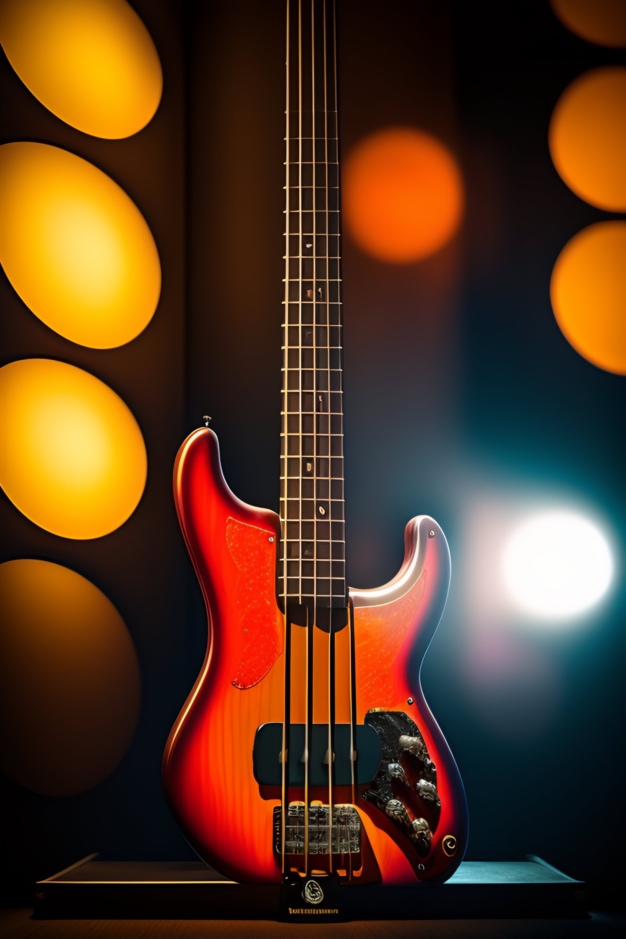 Lexica - A bass guitar in a stand, facing right, in front of an orange ...