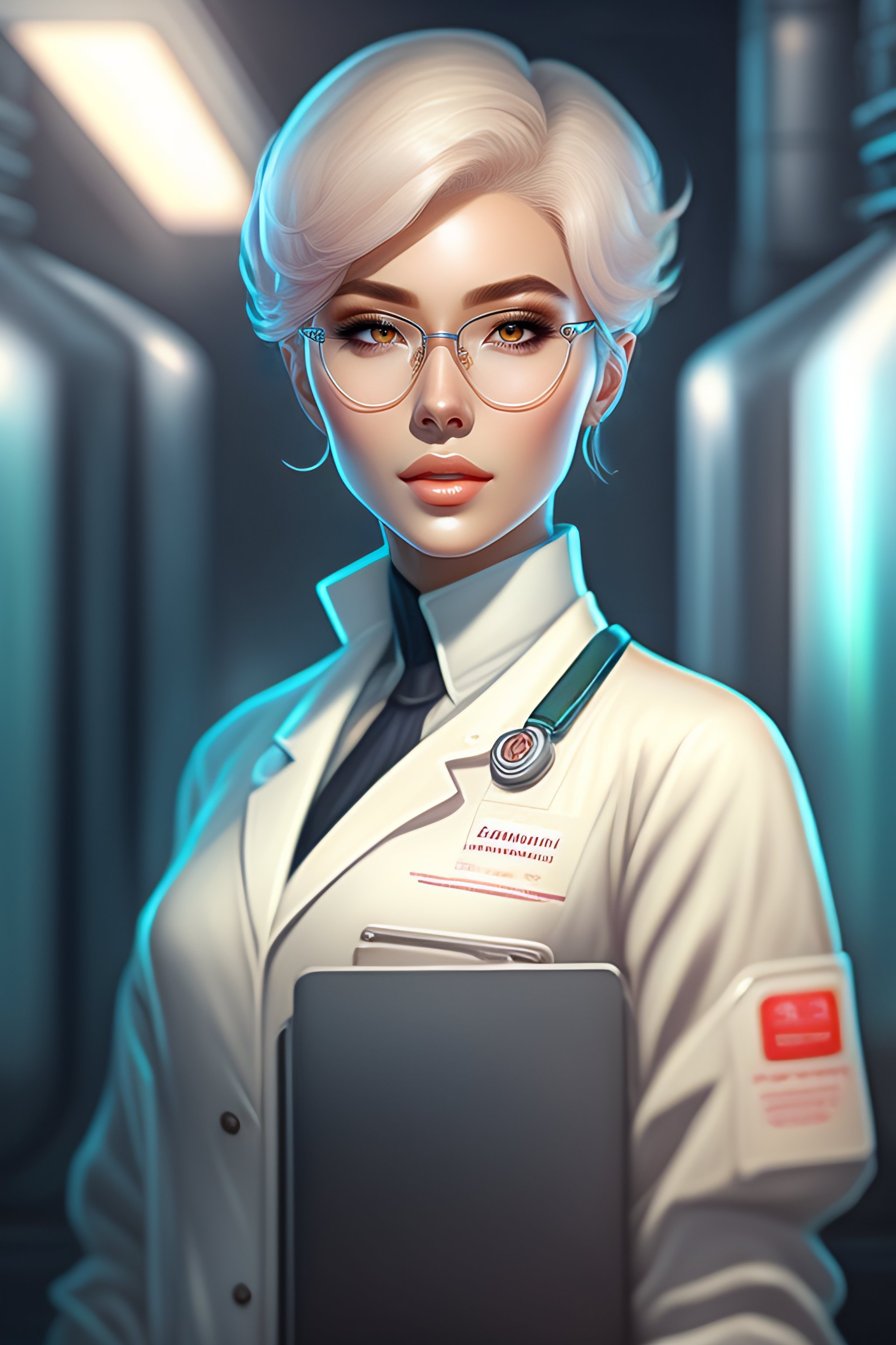 Lexica - Beautiful anime girl with short white hair, wearing lab coat ...