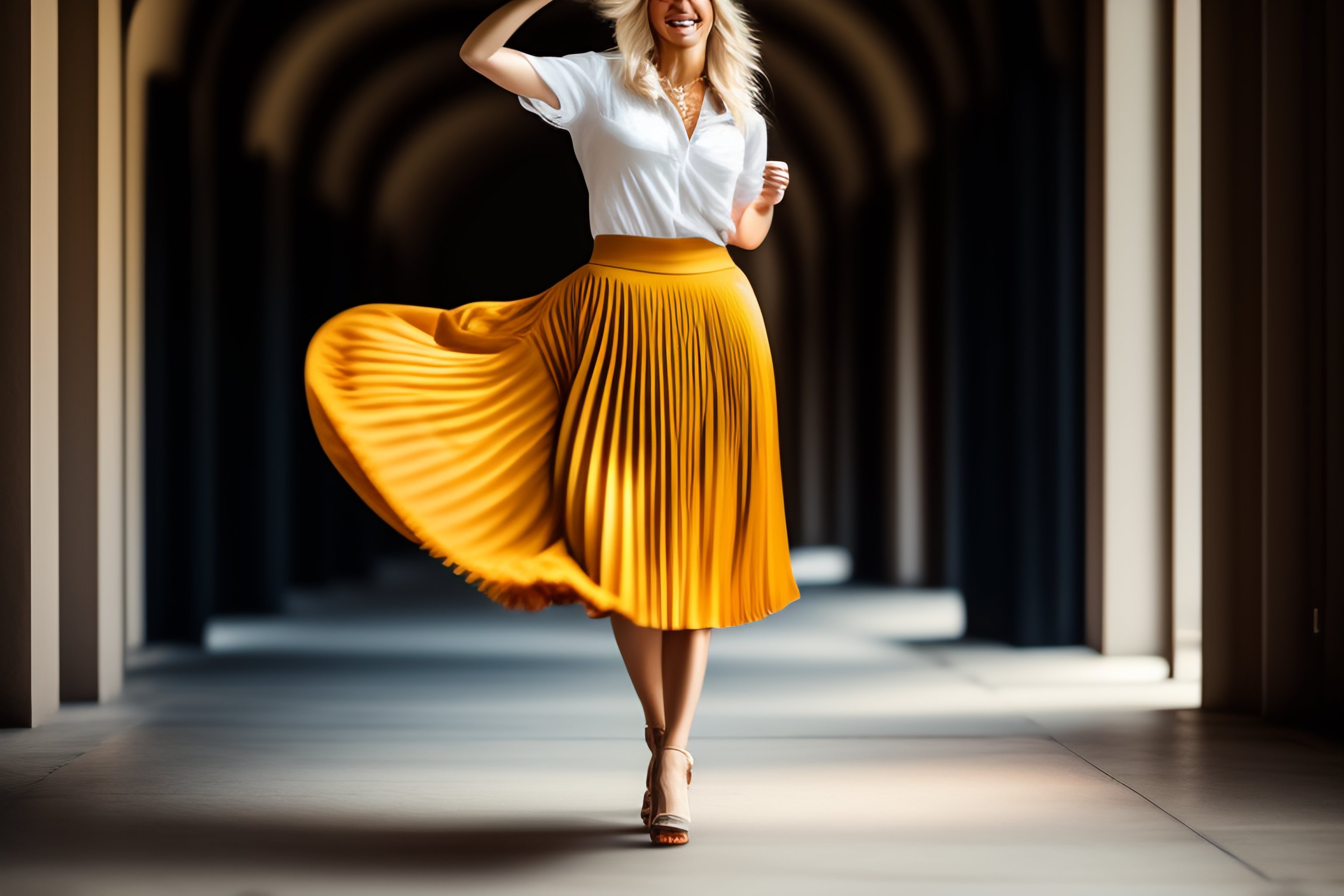 Lexica - 22 year old blonde woman in short pleated skirt dancing rock n ...