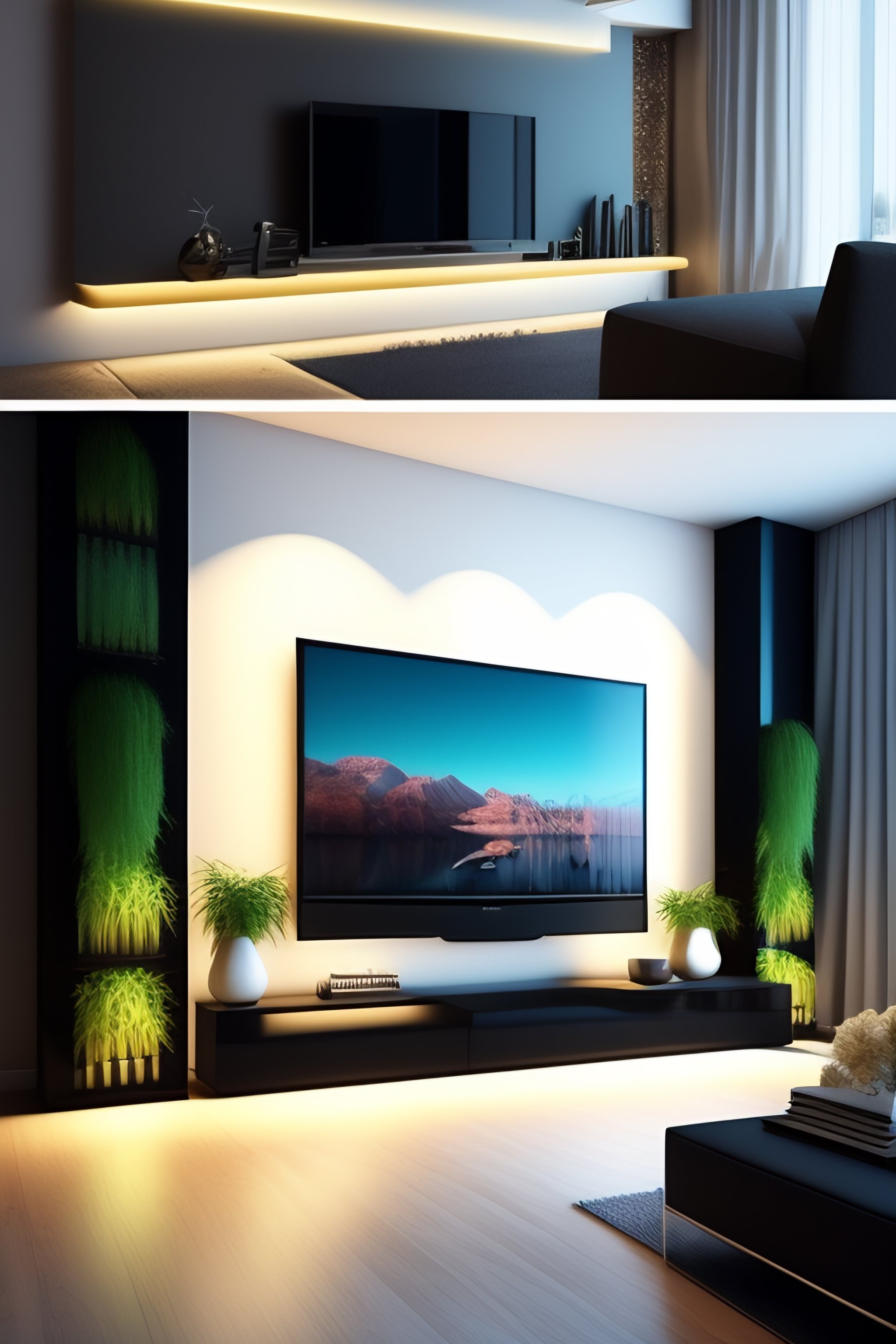Lexica - A 5 0 meter living room with big television and two plants and ...