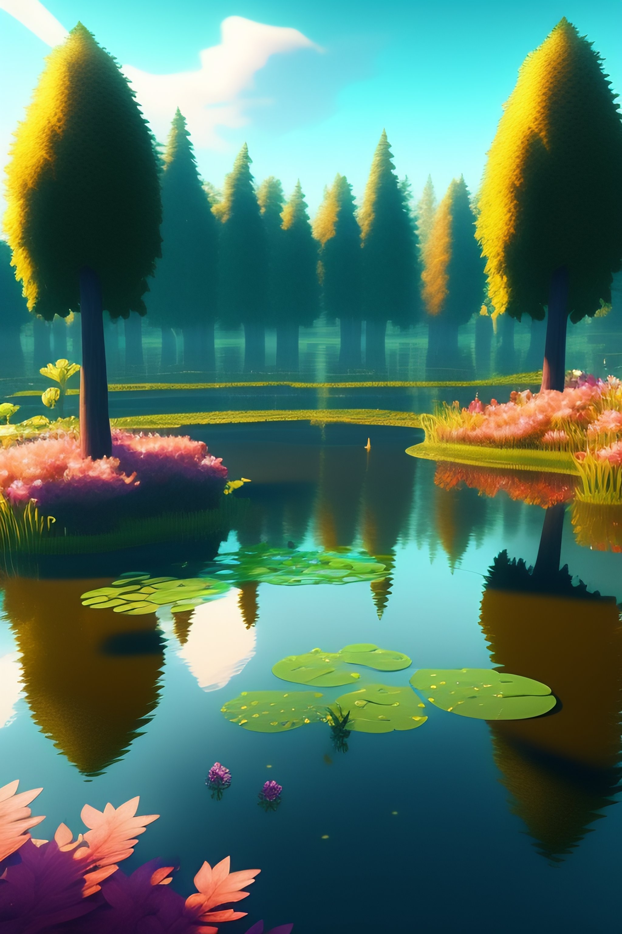 Lexica - Gorgeous pond with ripples in the water fornite style