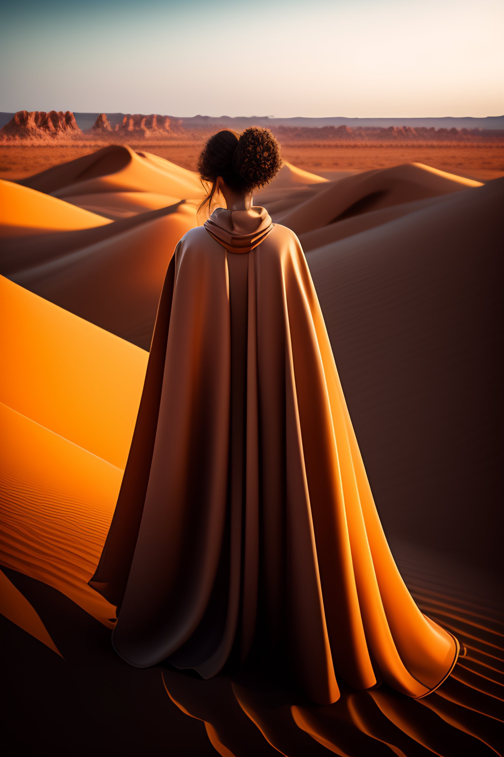 Lexica - A girl from behind in the desert with a beautiful futuristic ...