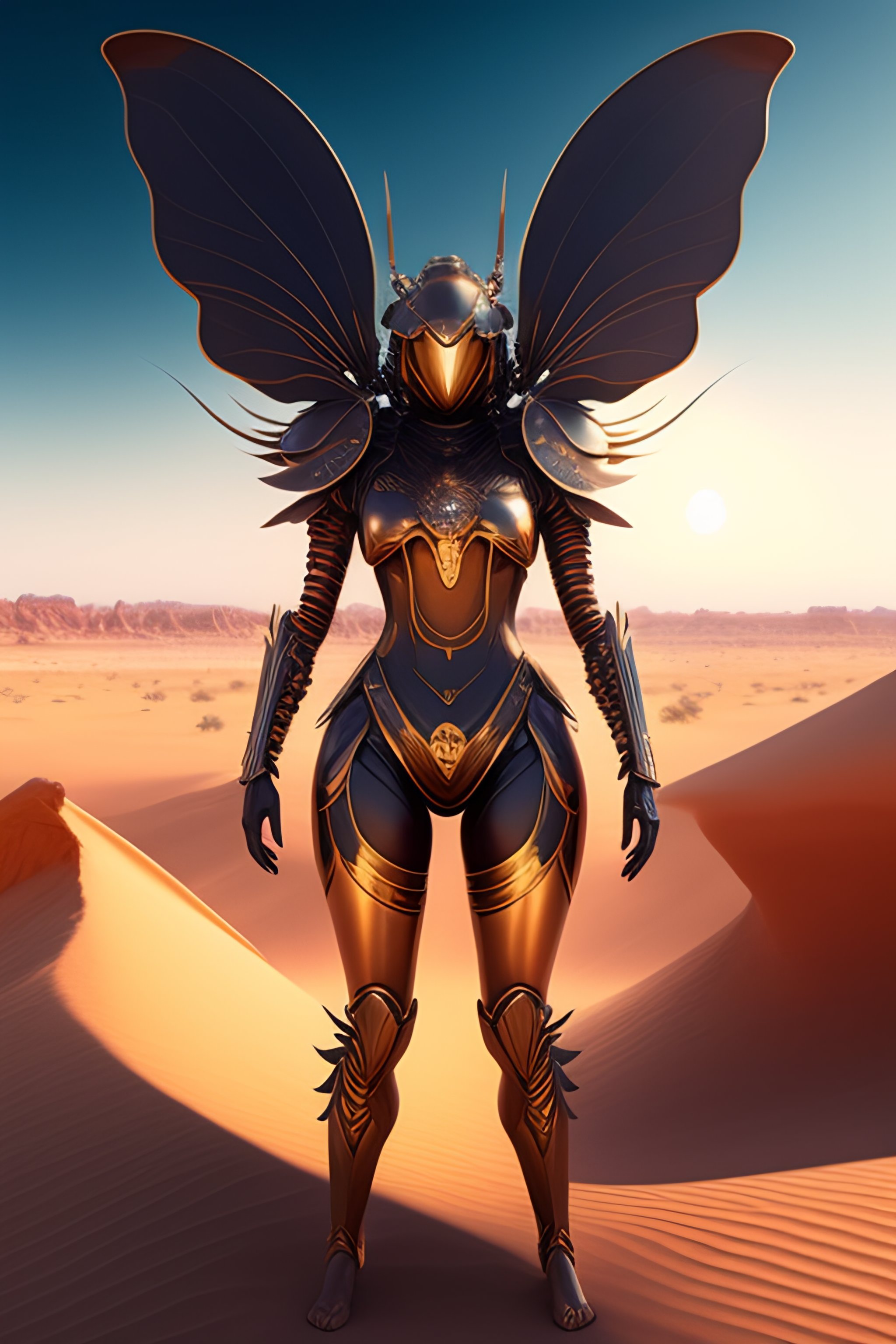 Lexica - An artistic full body of a standing insect humanoid with crab shell in a desert with a ...