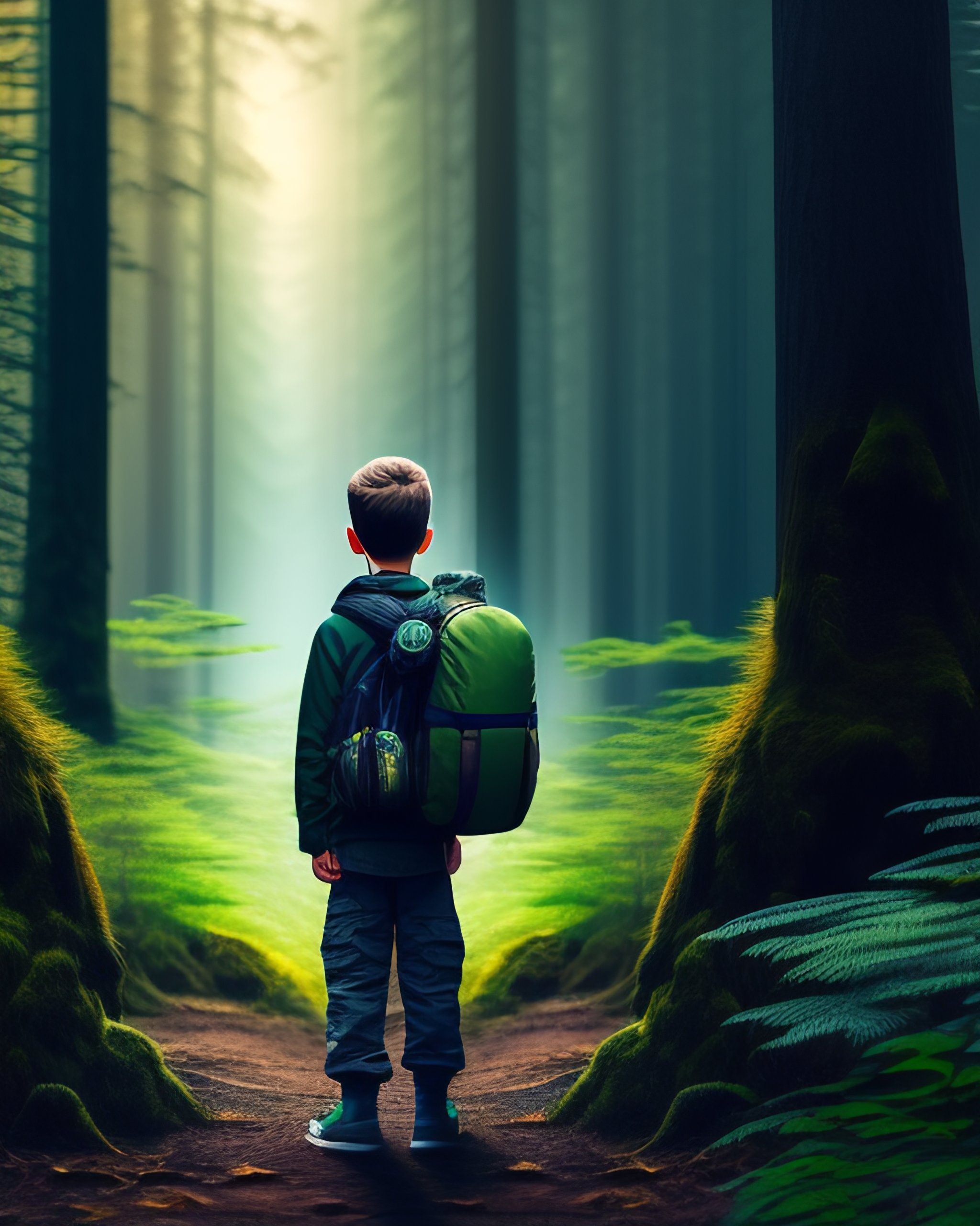 Lexica - A young boy stands at the edge of a dense forest, his backpack ...