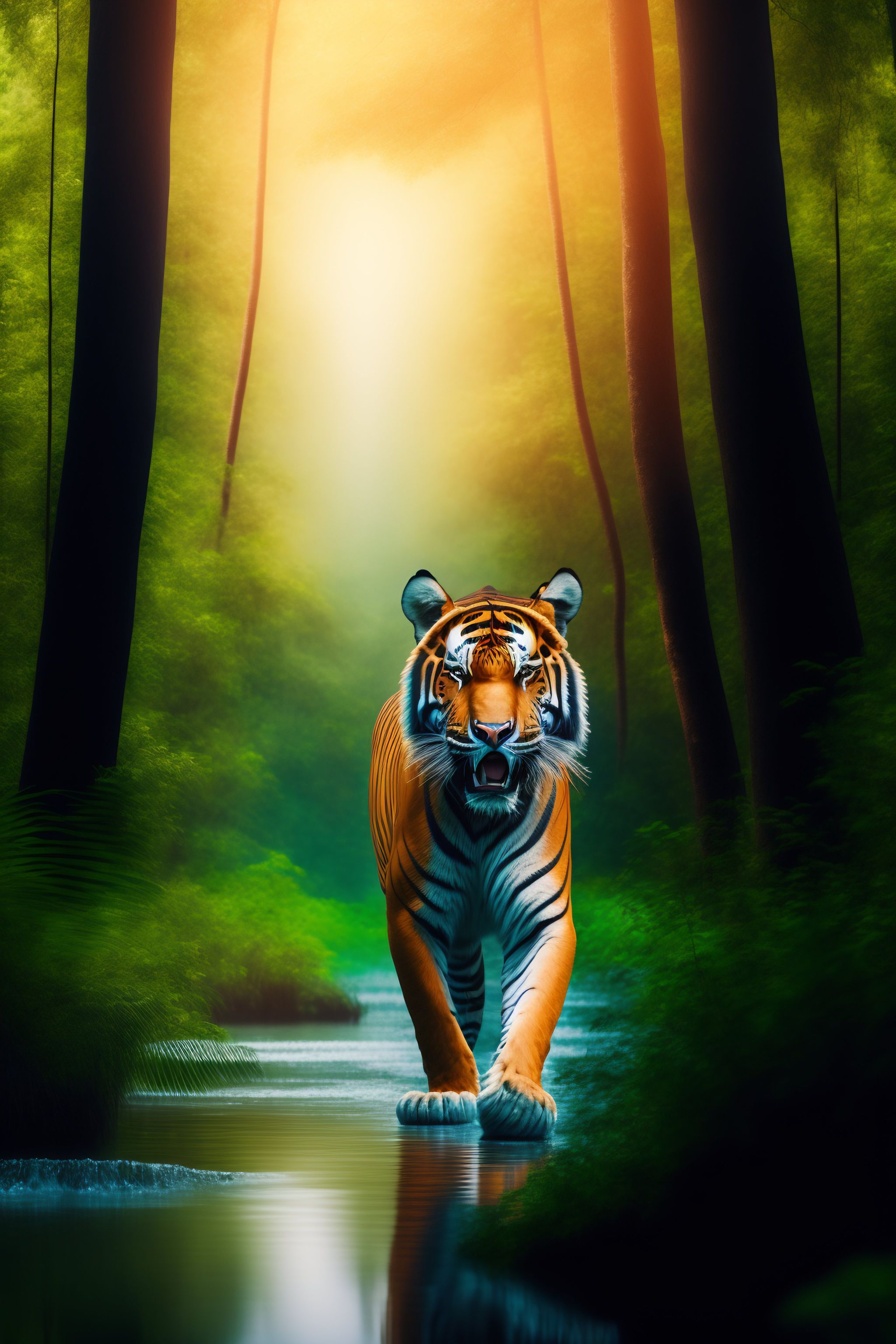 Lexica - A full body of an angry tiger waking in the mangrove forest ...