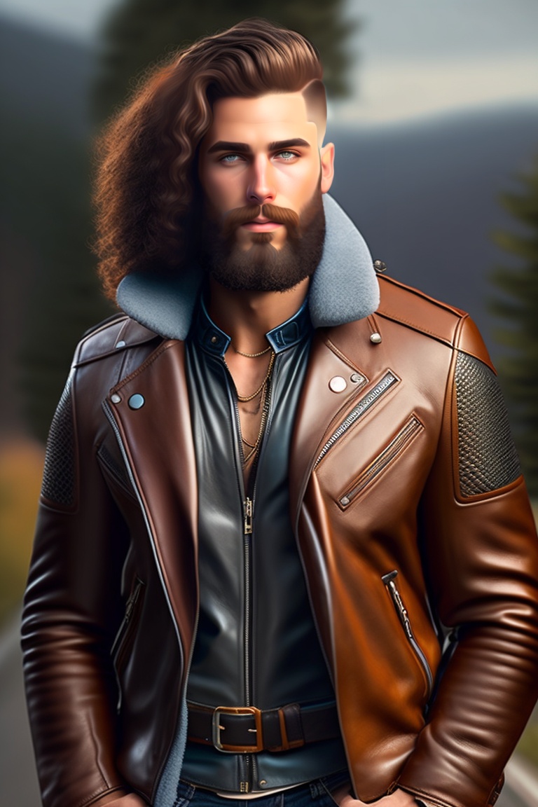 Lexica - Greek, curly hair, neat beard, biker leather jacket over body ...