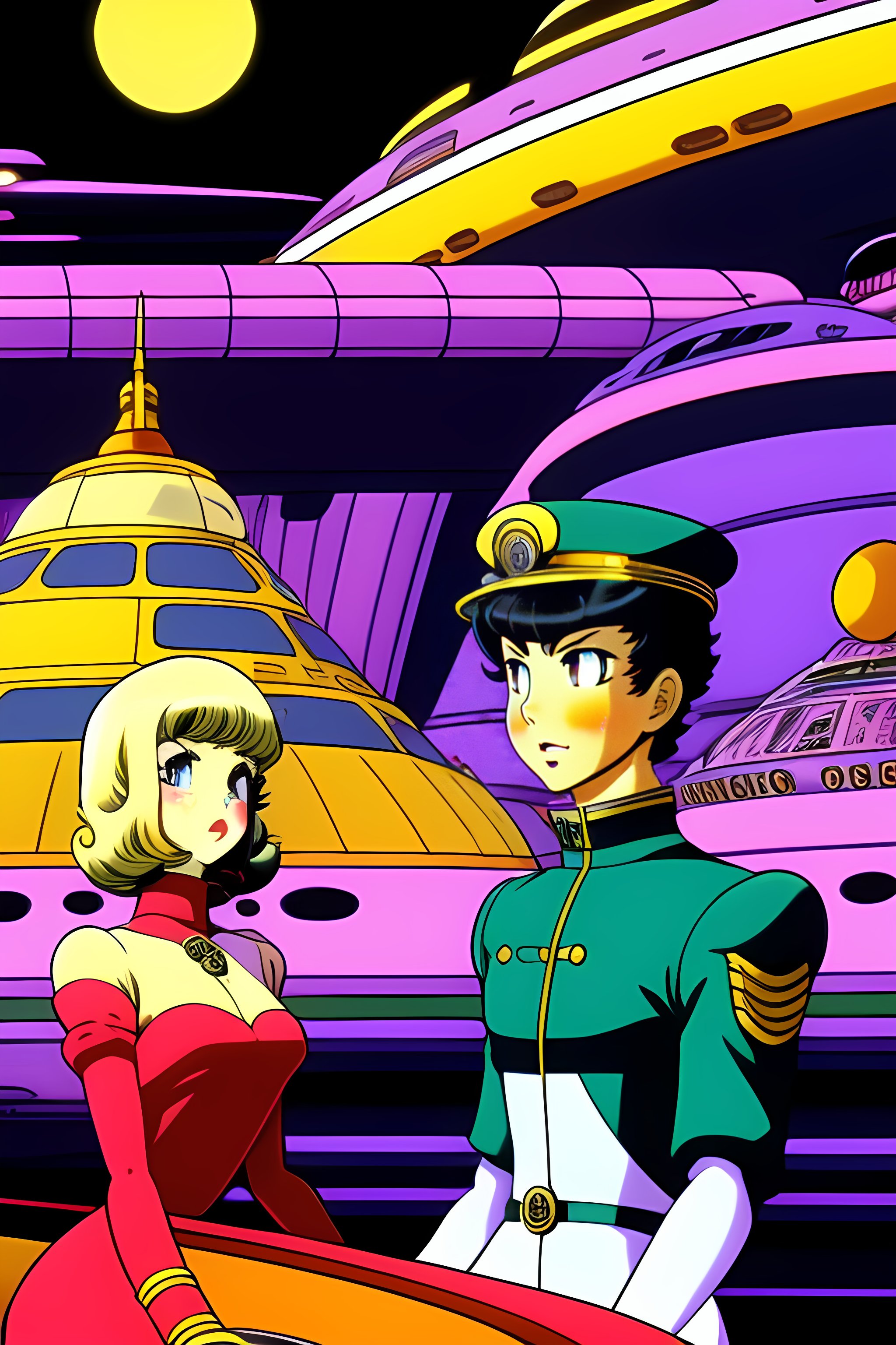Lexica - Vintage 60's anime style. cluttered starship interior; captain ...