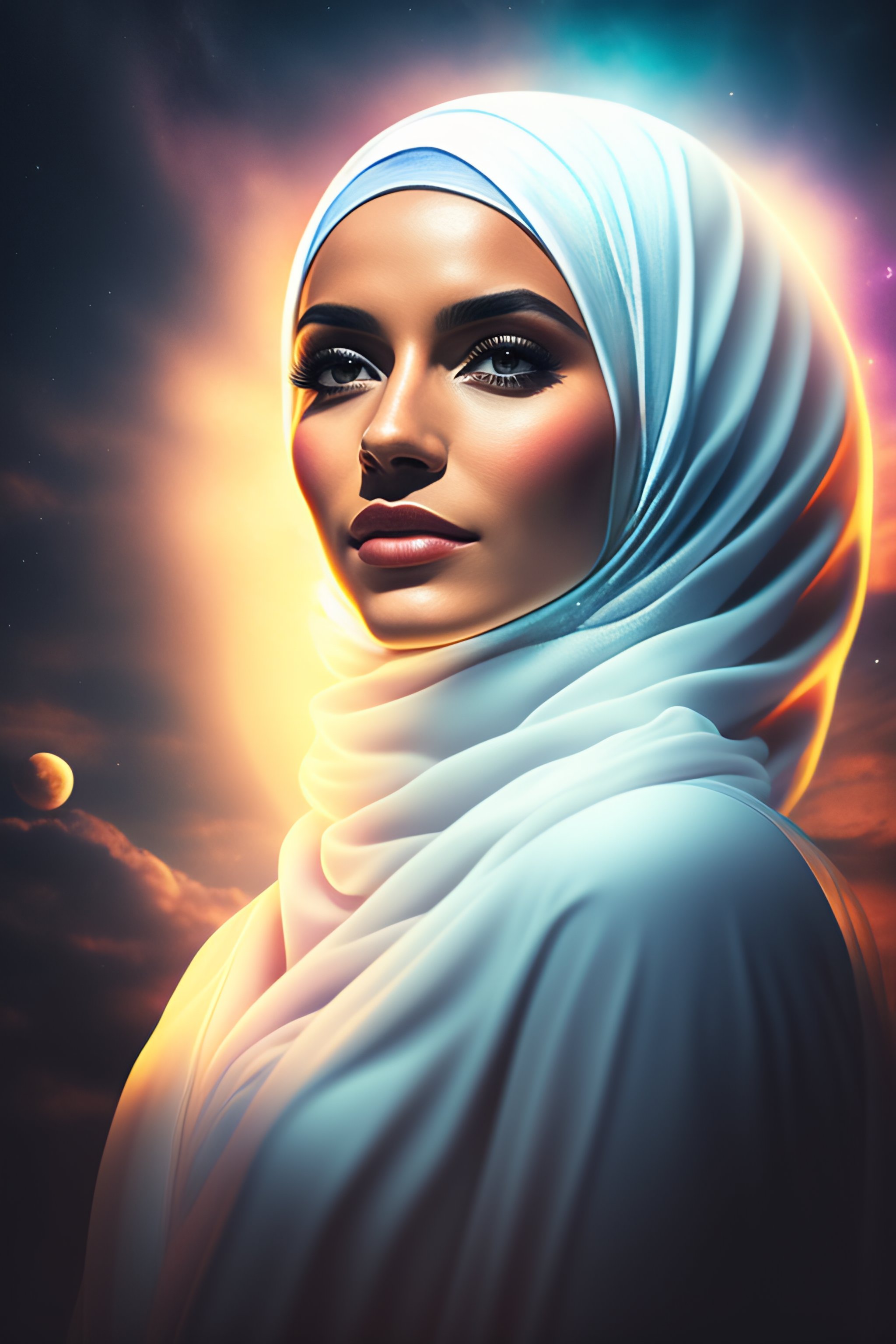 Lexica - A portrait of a beautiful woman wearing hijab with light sky view