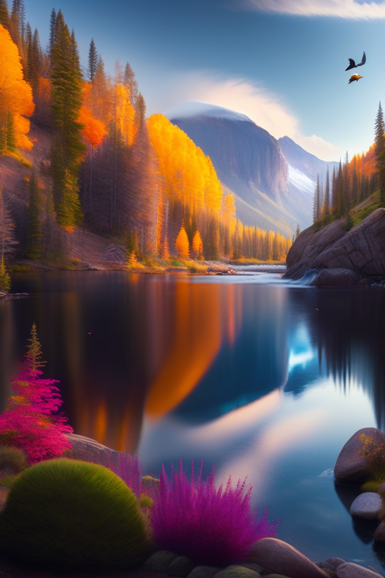 Lexica - Nature view, sky, birds, forests, mountains, beautiful waterfalls.