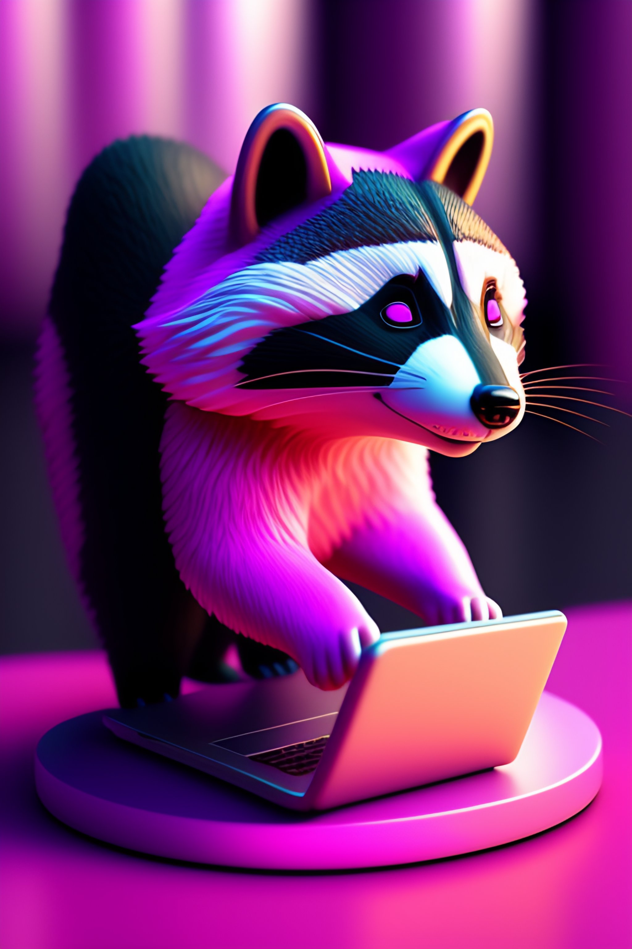 Lexica - Soft pink 3d racoon logo coding a software with laptop by pixar