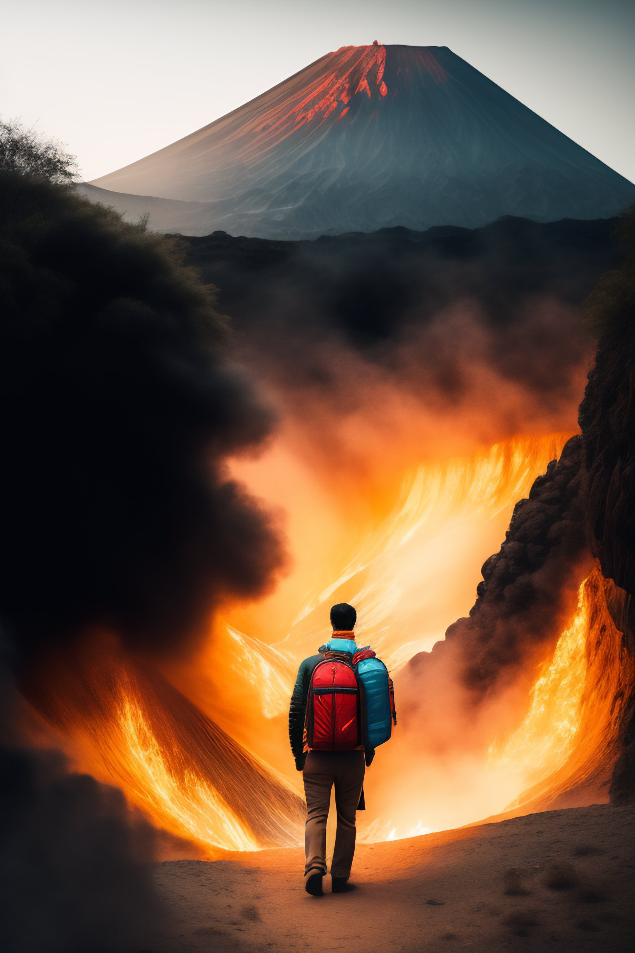 Lexica - Man holding a bag in a volcano, in pencil