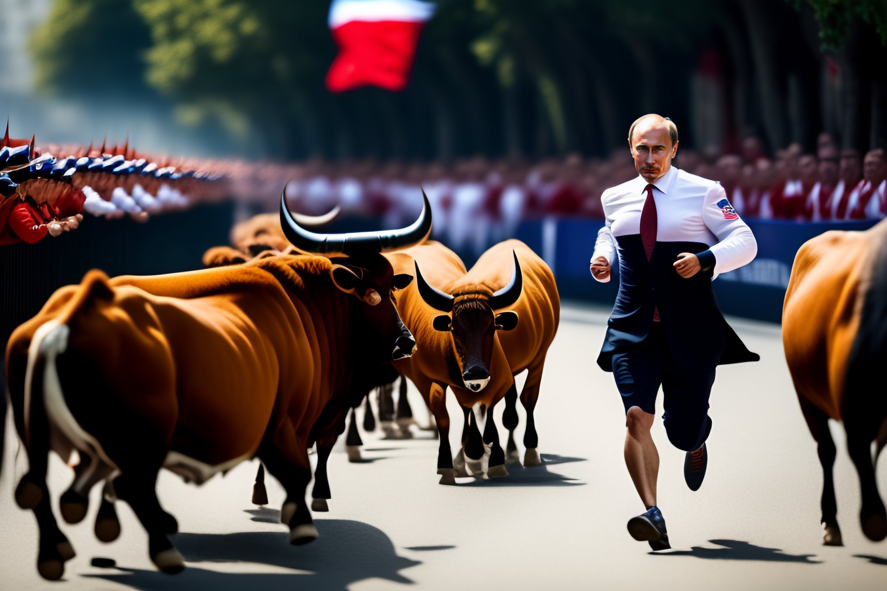 Lexica - Putin running in front of bulls in san fermin spain