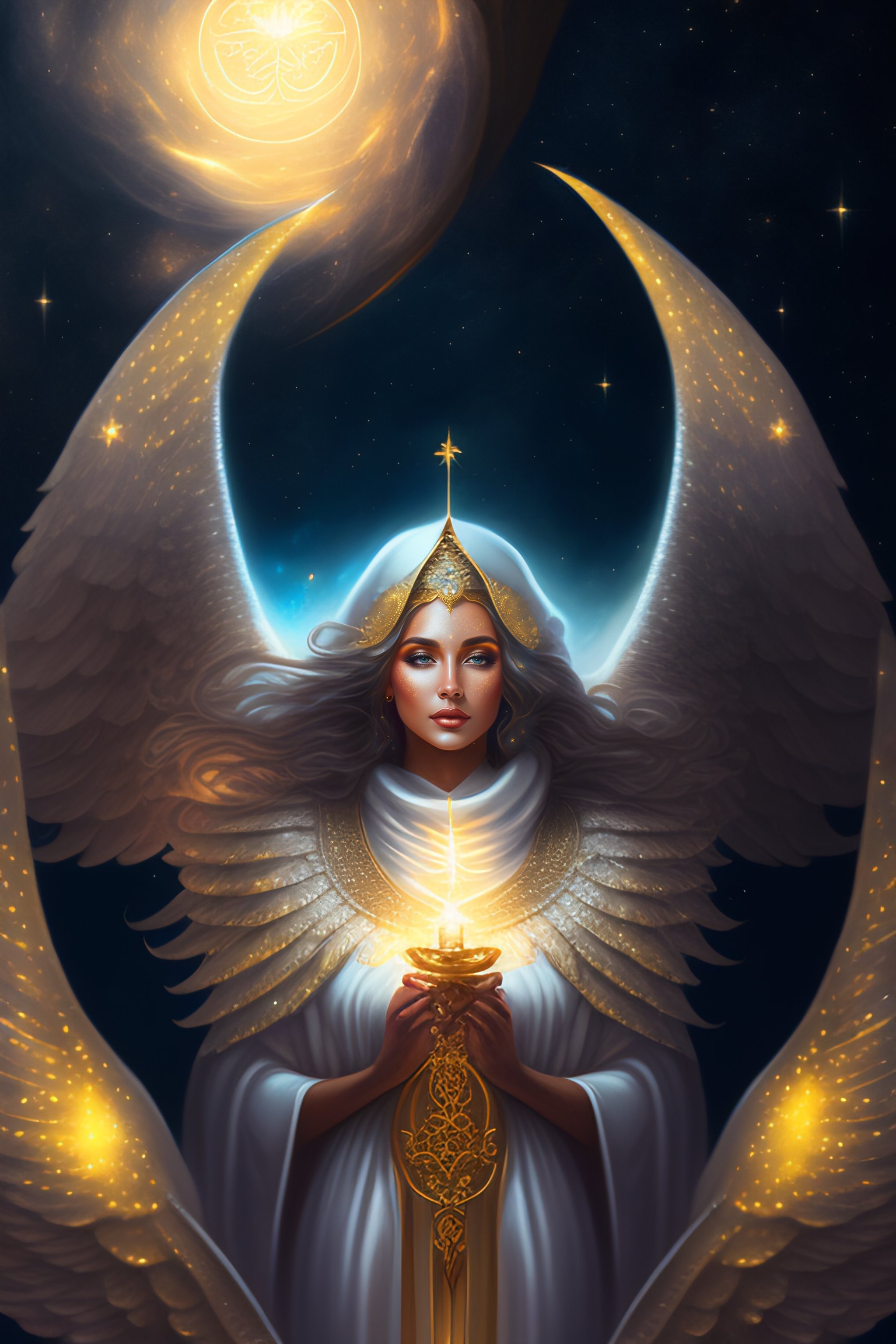 Lexica - A woman with angel wings wearing a silver-white robe meets ...