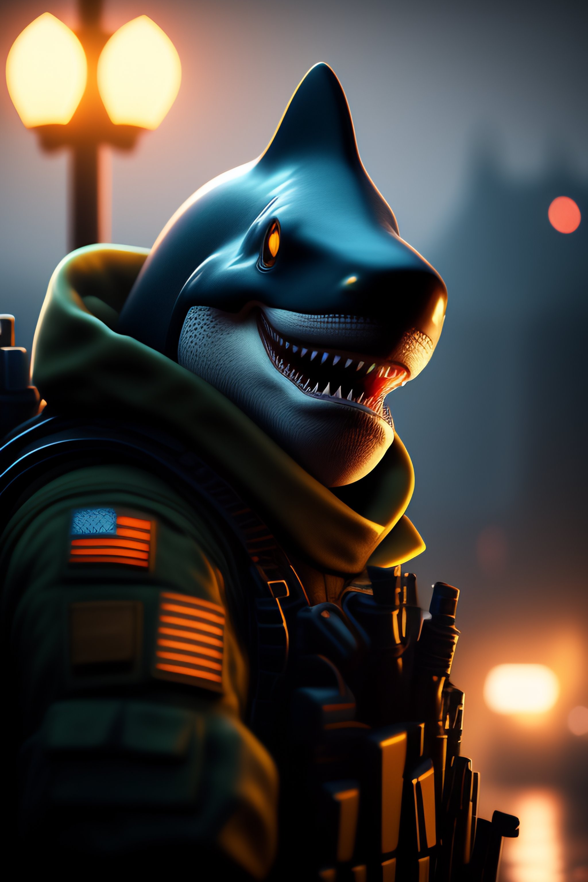 Lexica - An exhausted shark at the frontlines in the army at night with ...