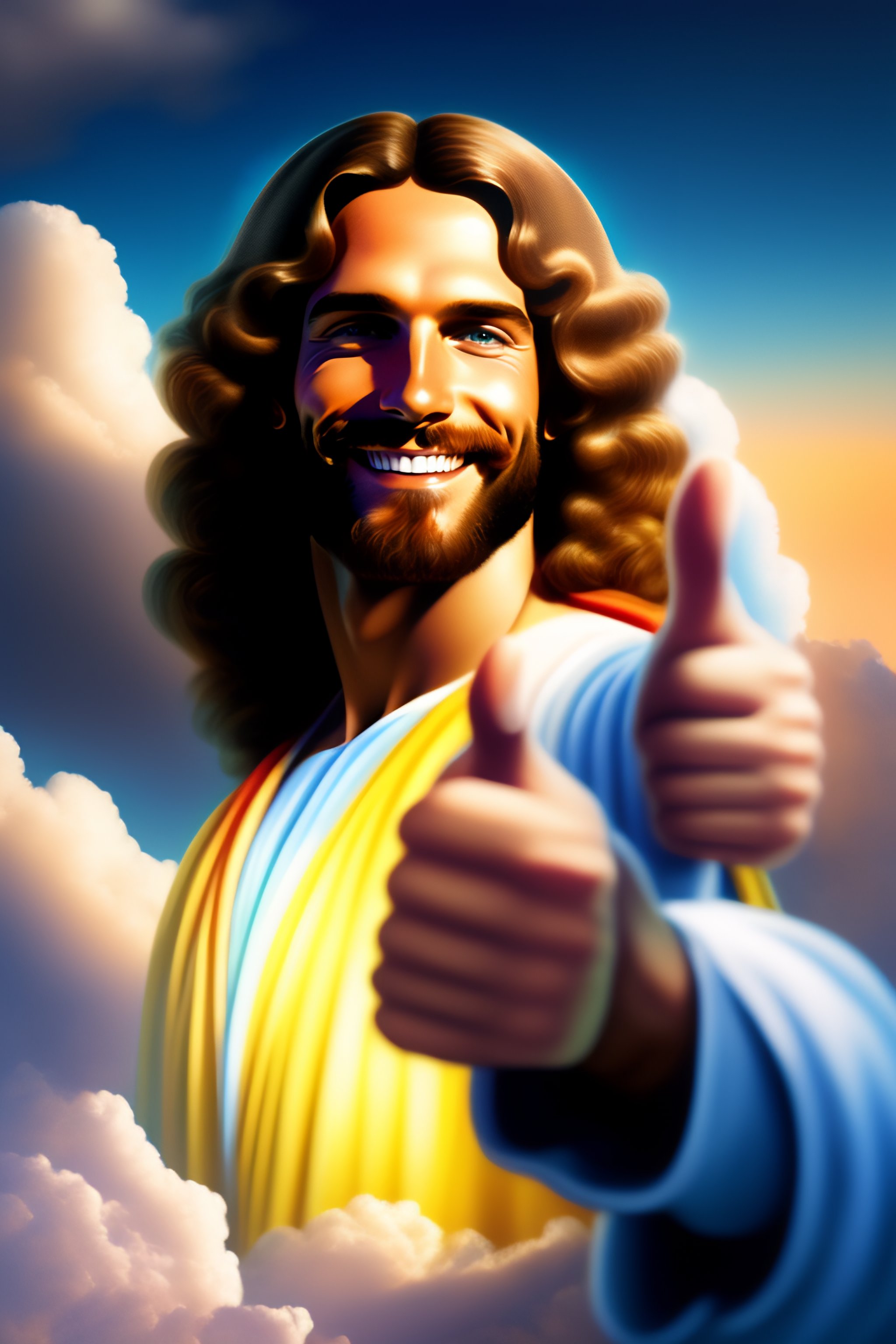 Lexica - Jesus christ smiling and showing thumbs up, background clouds