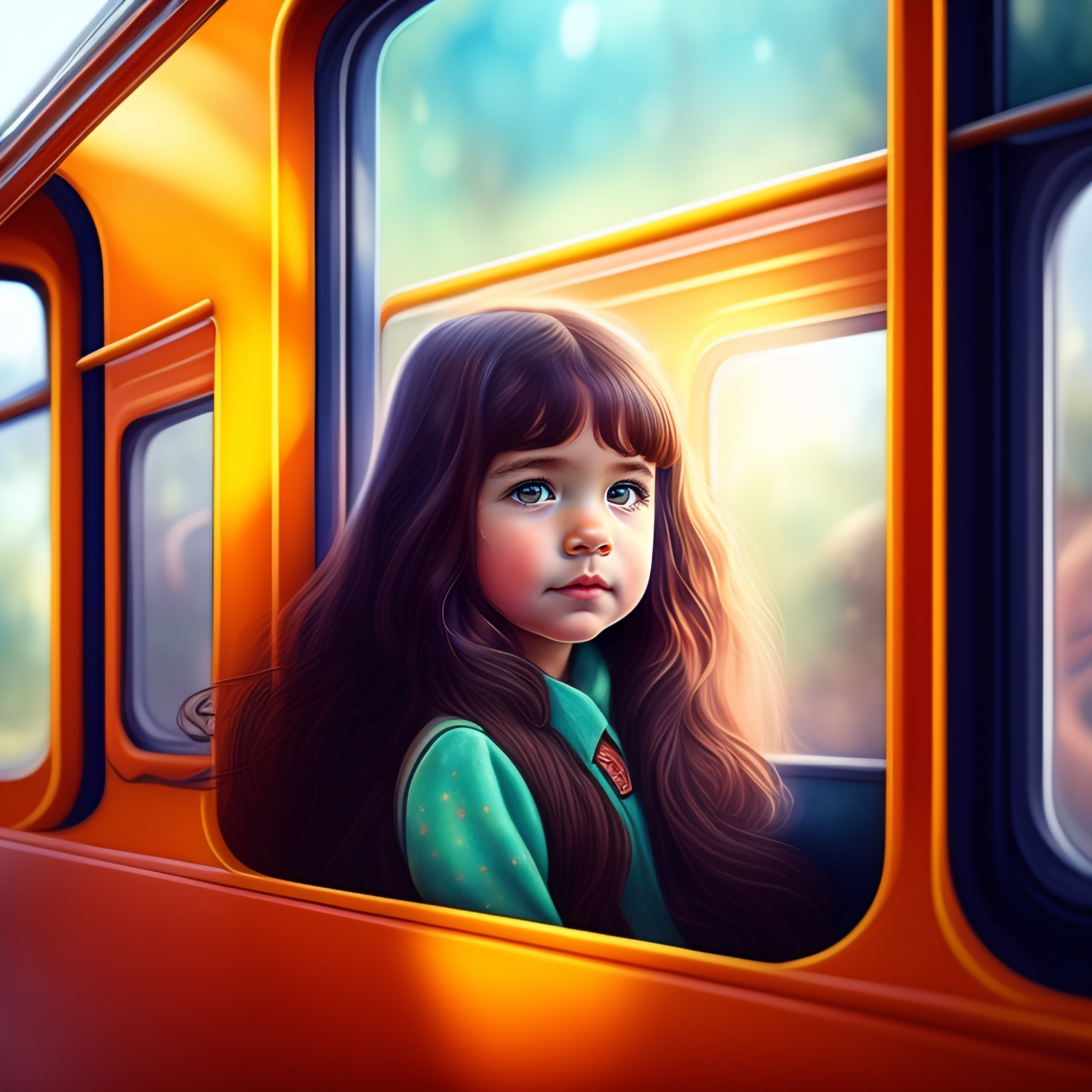 Lexica - A long straight brown hair little girl looking through the ...