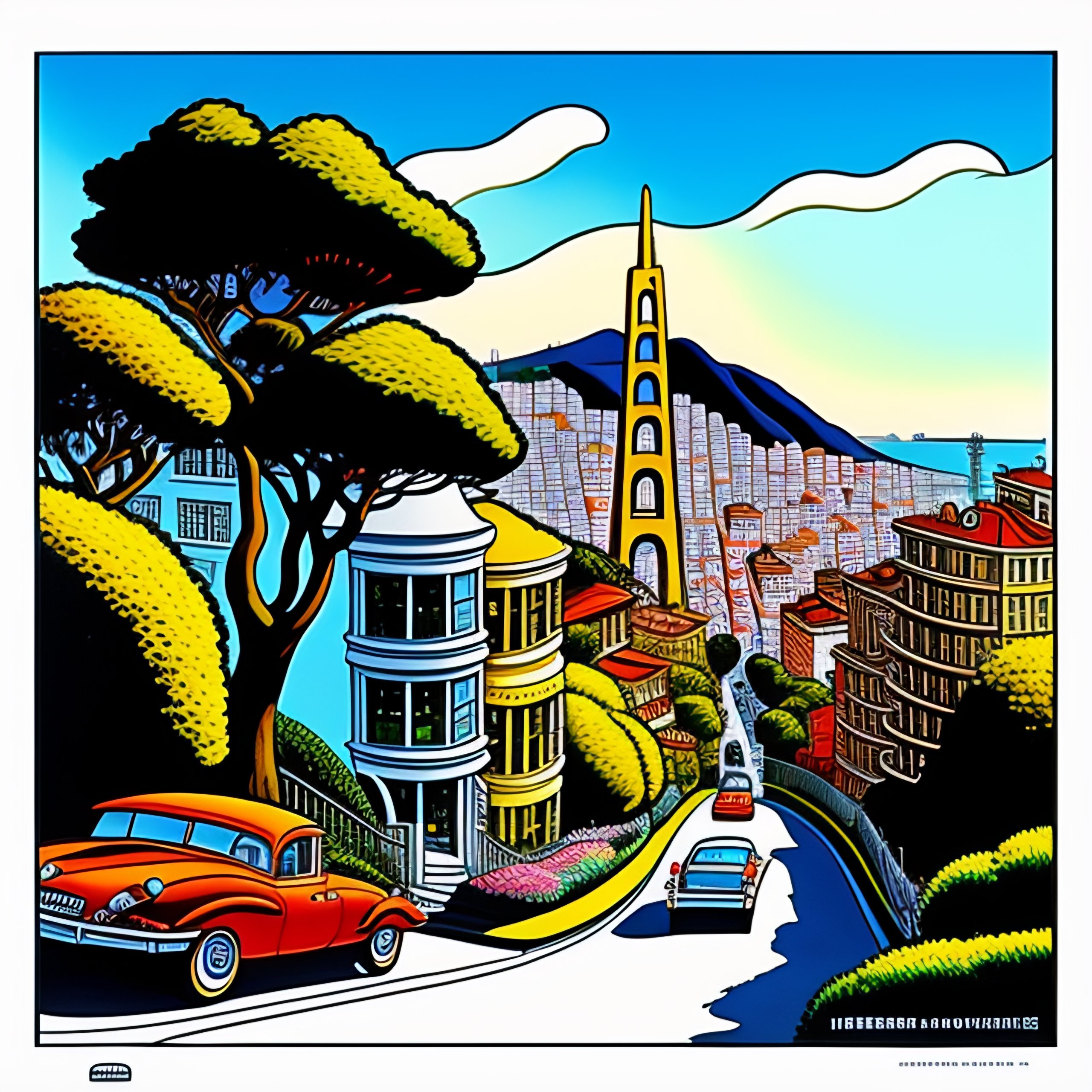Lexica - Lombard street, san francisco illustrated by Hergé, style of tin tin comics, pen and ink