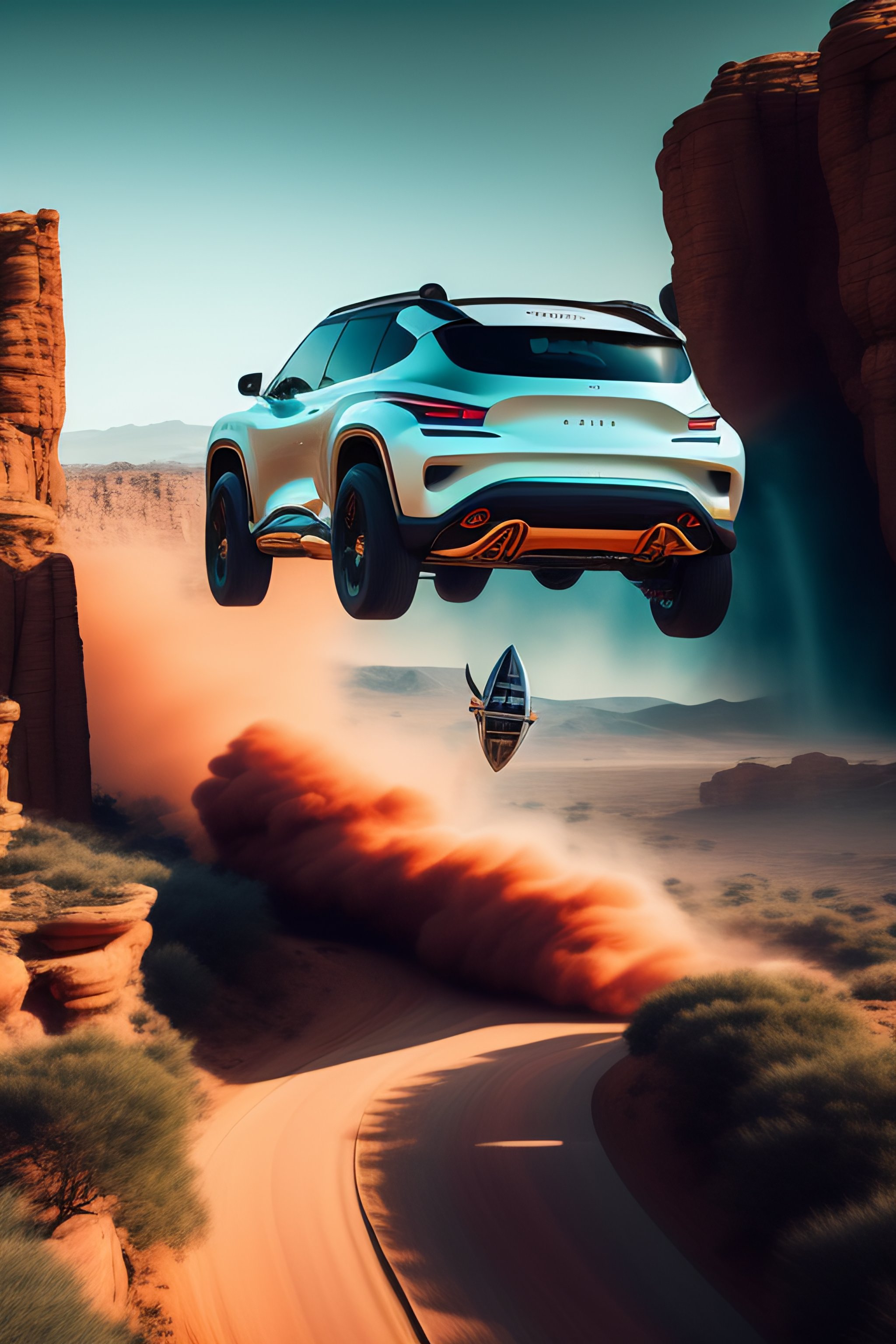 Lexica - A flying SUV passing trough a metropolitan area