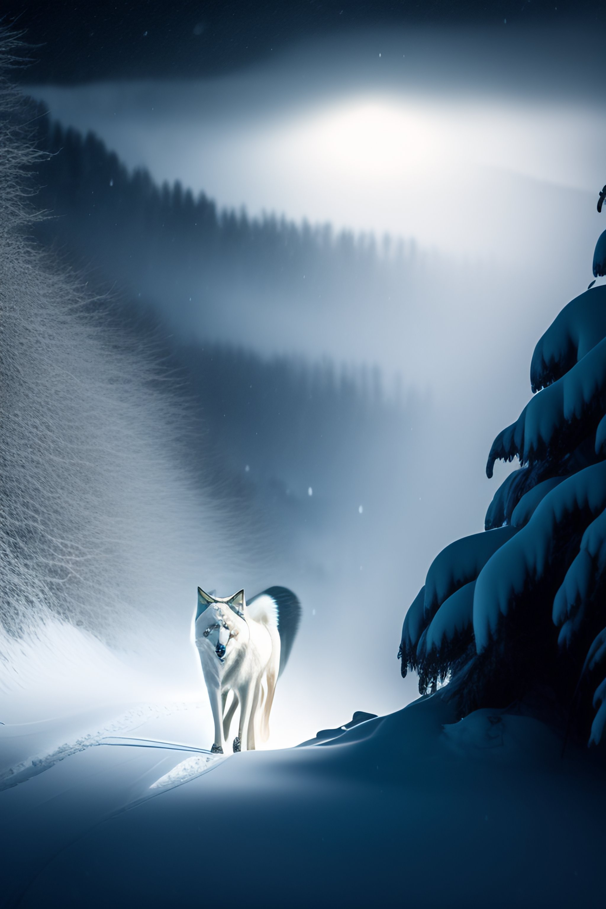 Lexica - White wolf walking slowly through blizzard at night