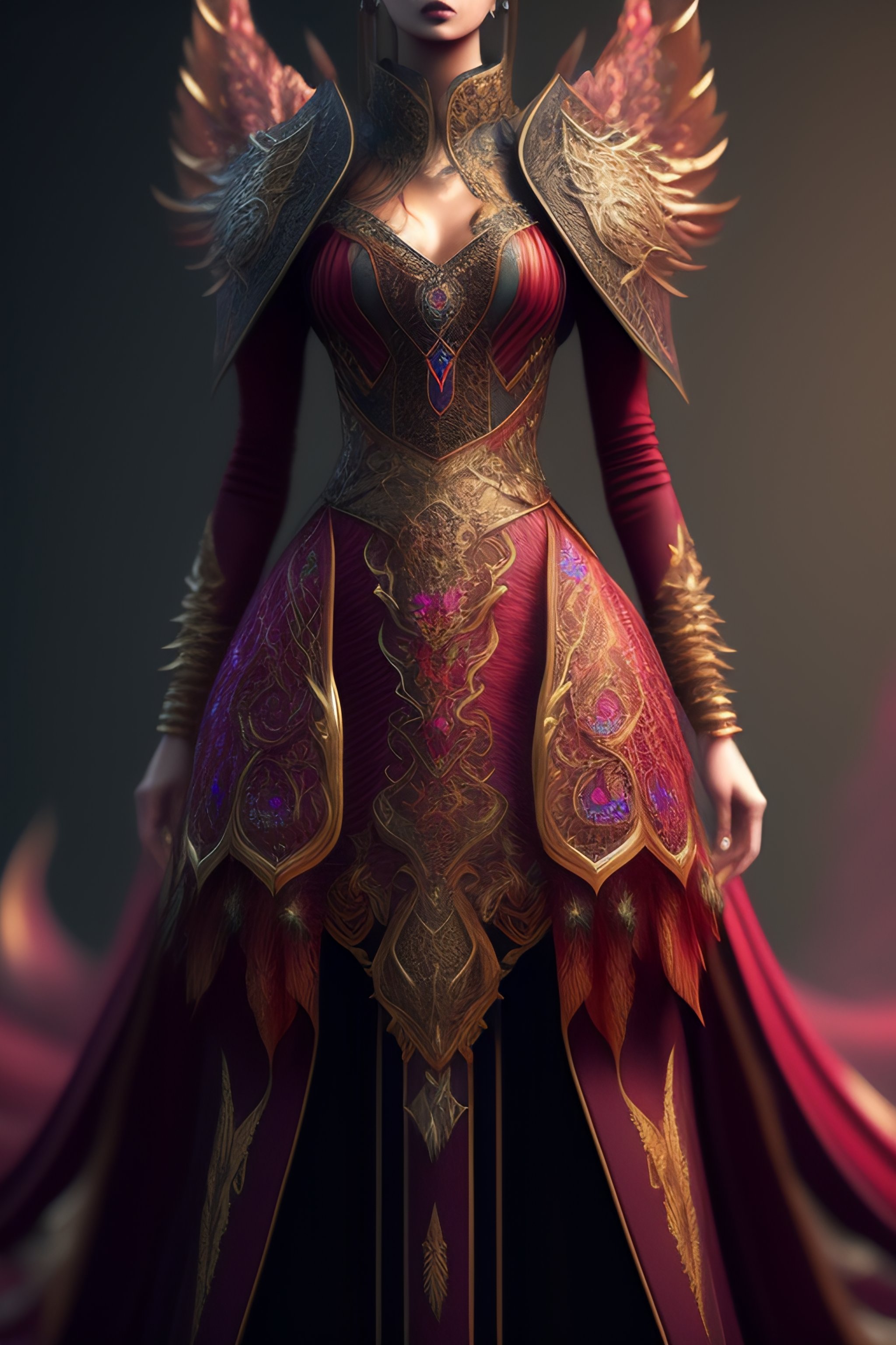 Lexica - Epic fantasy flowing dress made of hellfire, deep colors, detailed fashion design ...