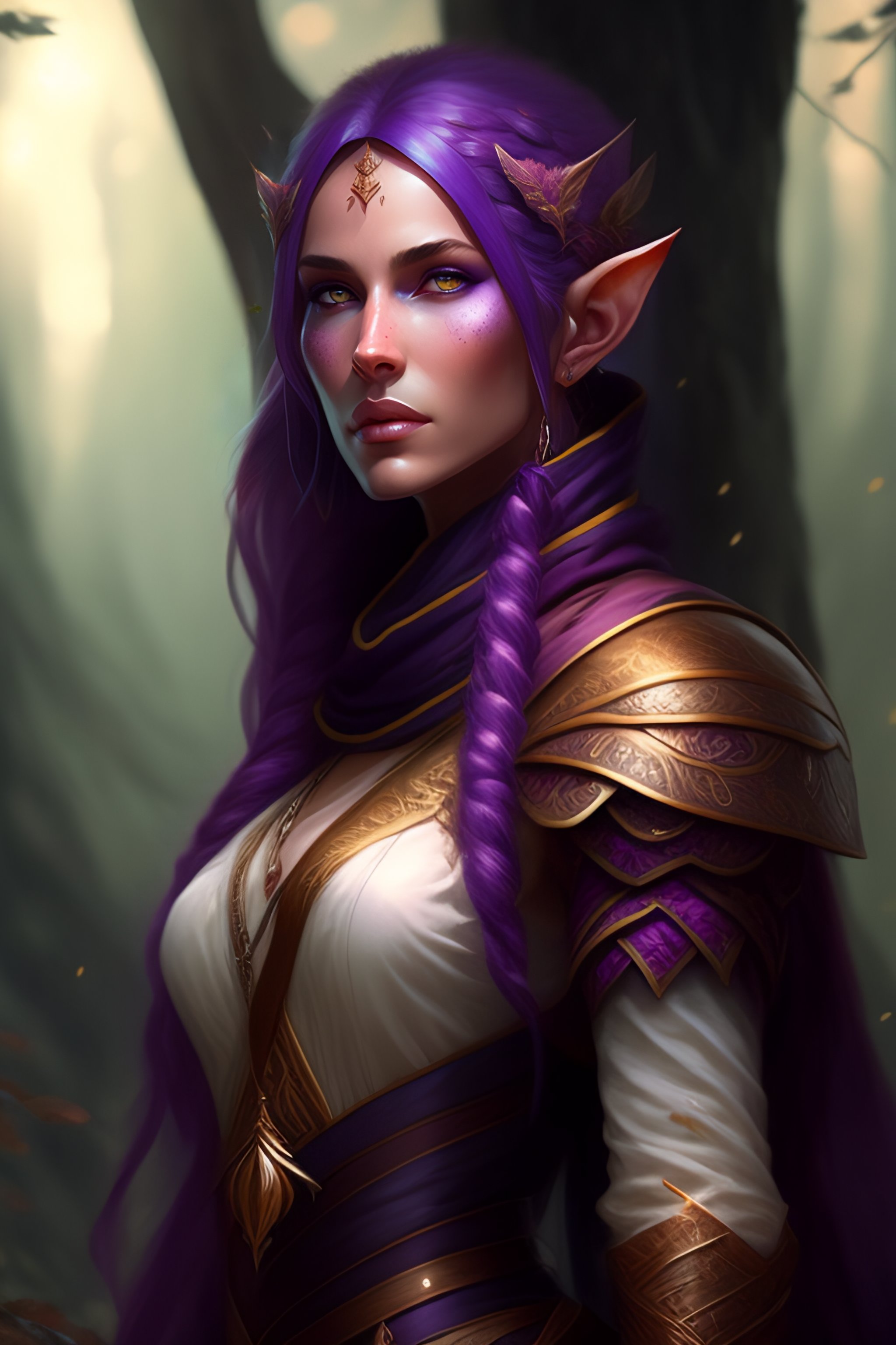 Lexica - Purple-skinned female elf, bow drawn, forest, gloomy, by Greg ...