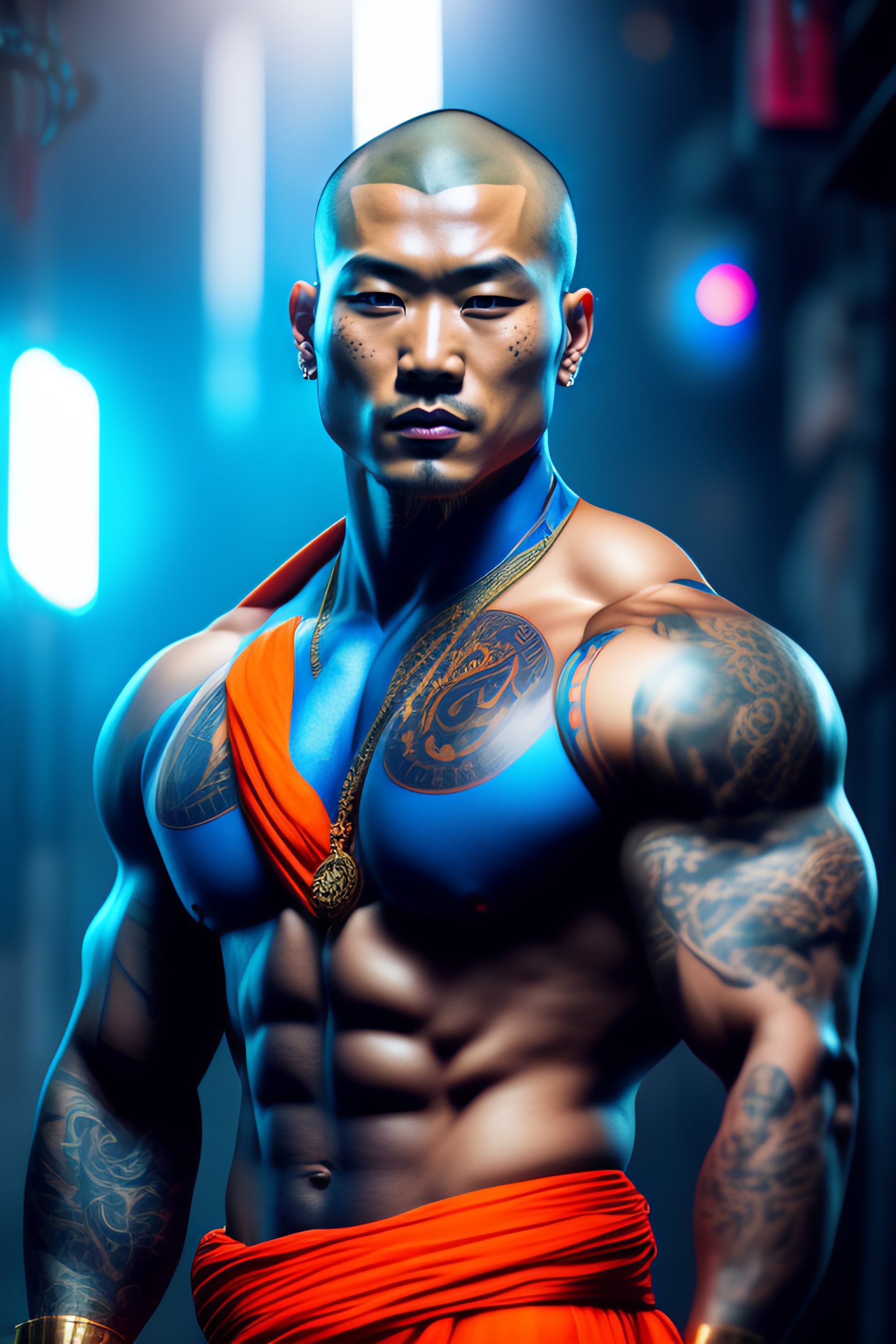 Lexica - Cyberpunk, buddhist monk, blue skin, orange skin, tattoos ...