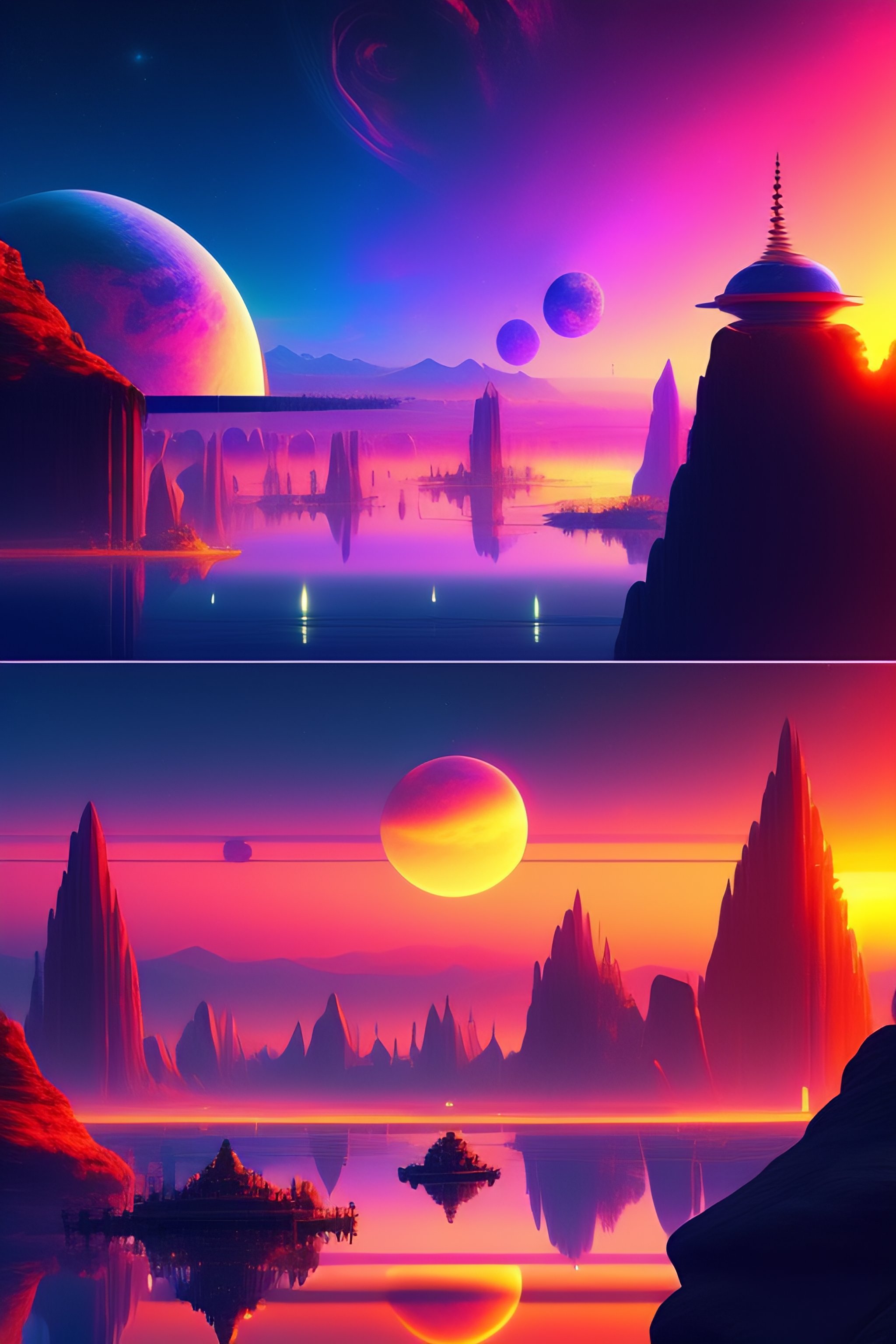 Lexica - Futuristic space port, morning sunrise, planets on the horizon, medium shot, by Raphael ...