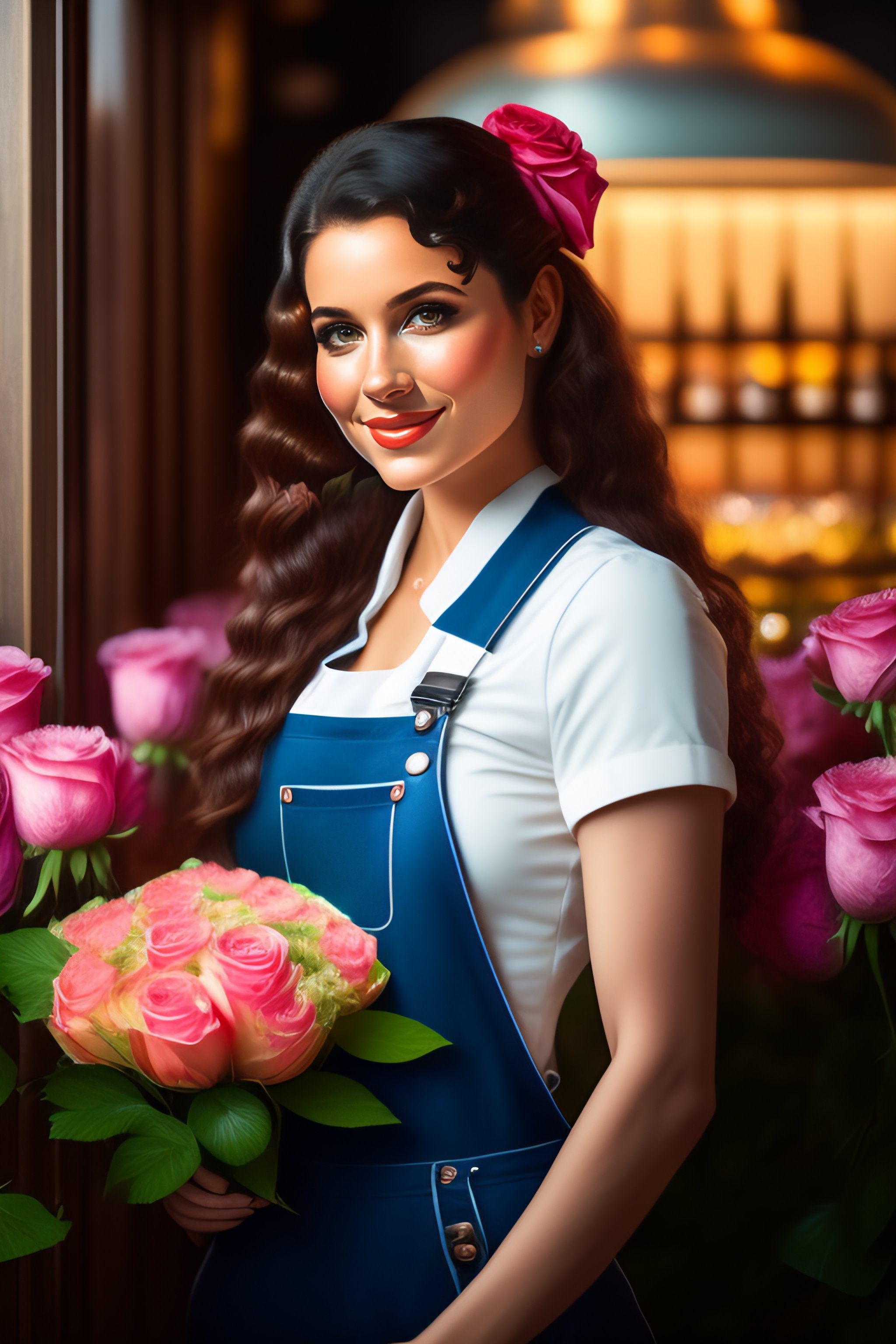 Lexica - Portrait of a young woman waitress wearing overalls inside a ...