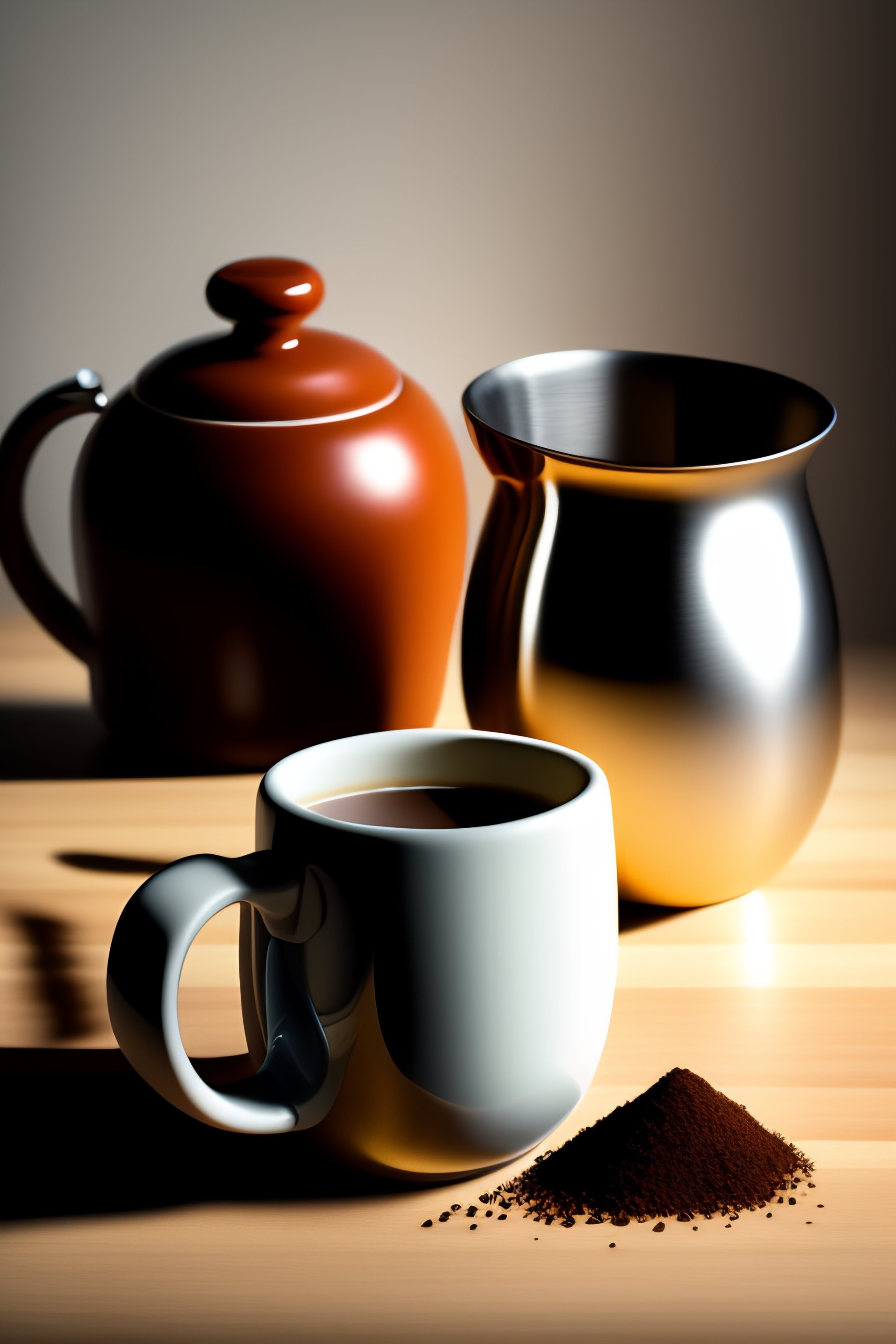 Lexica - Still life mug of coffee and stir spoon and a coffee pot with ...