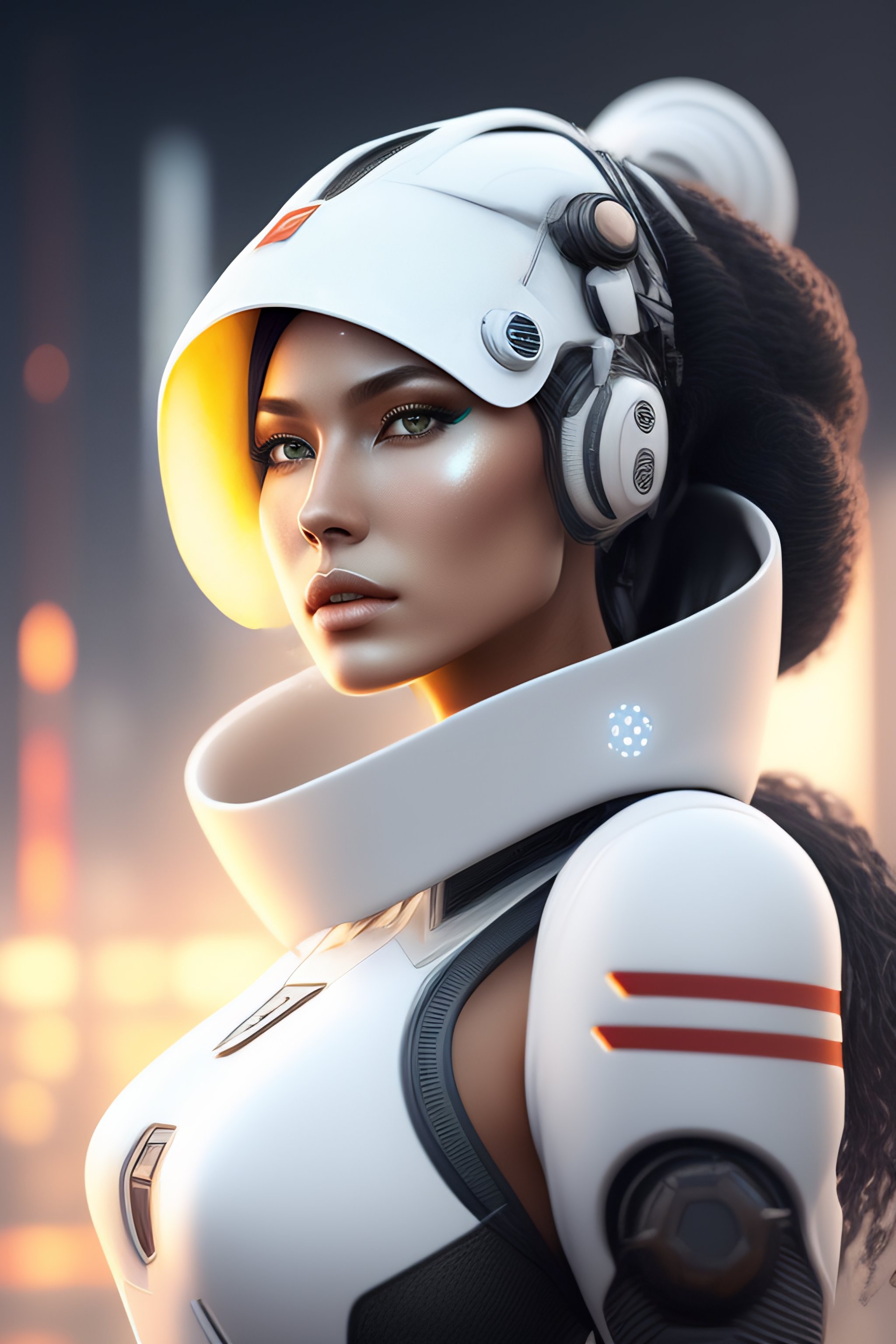 Lexica - Cyberpunk futuristic all-white female mech suit, face covered