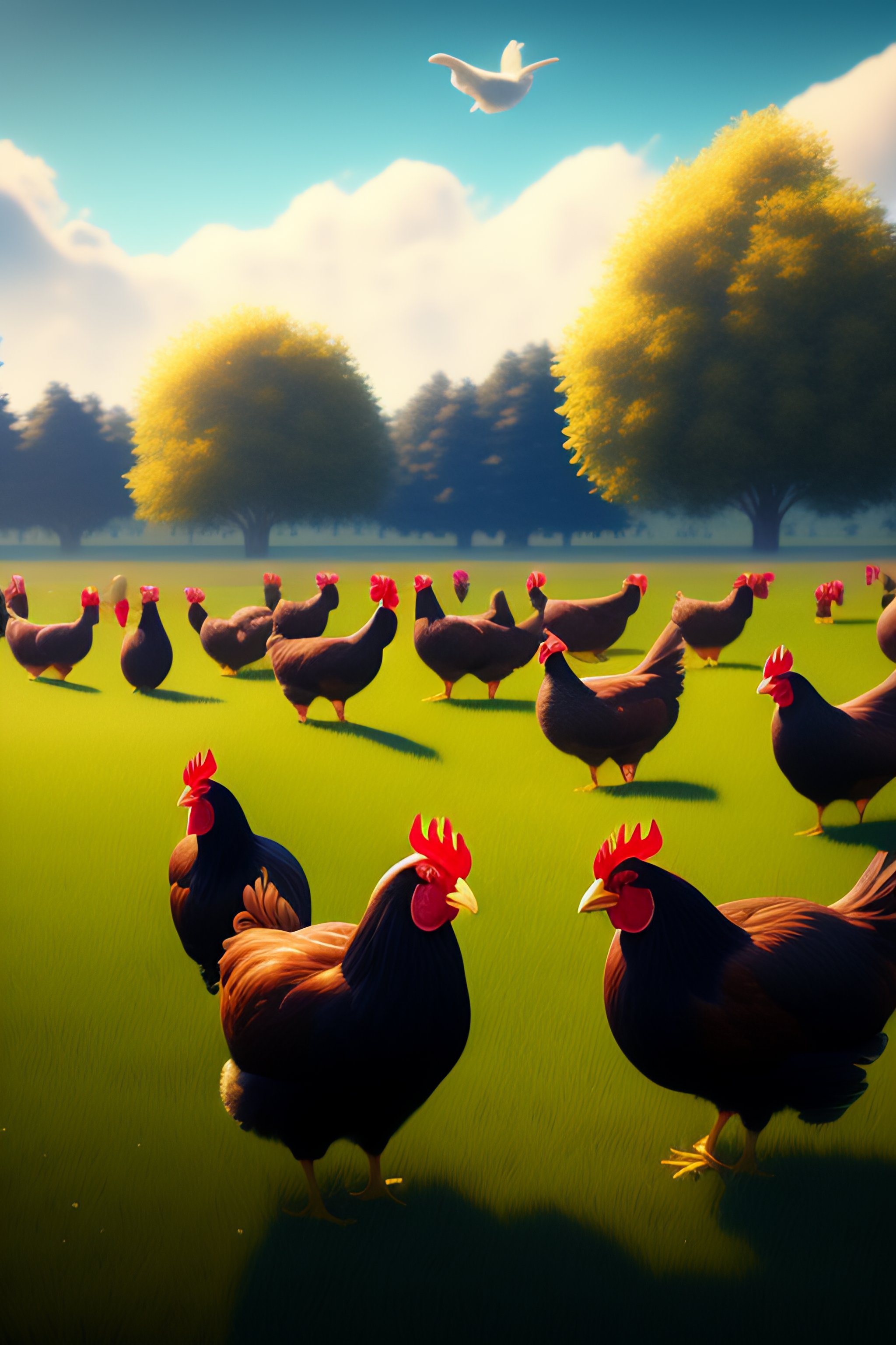 Lexica - Chickens in field, sunny day with clouds, unreal 5 render ...