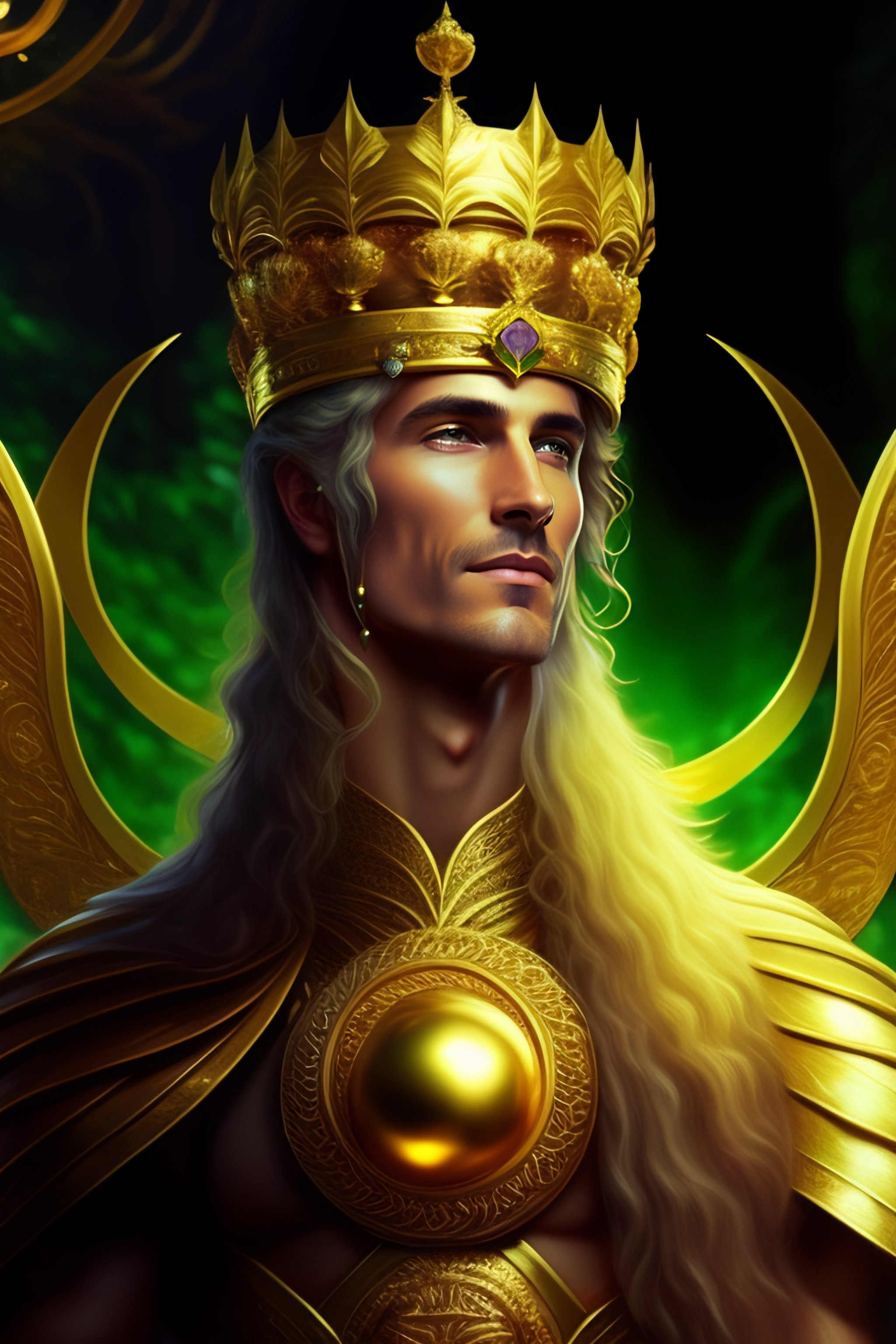 Lexica - Oberon, King of the Fae, gold and green throne, looking down ...