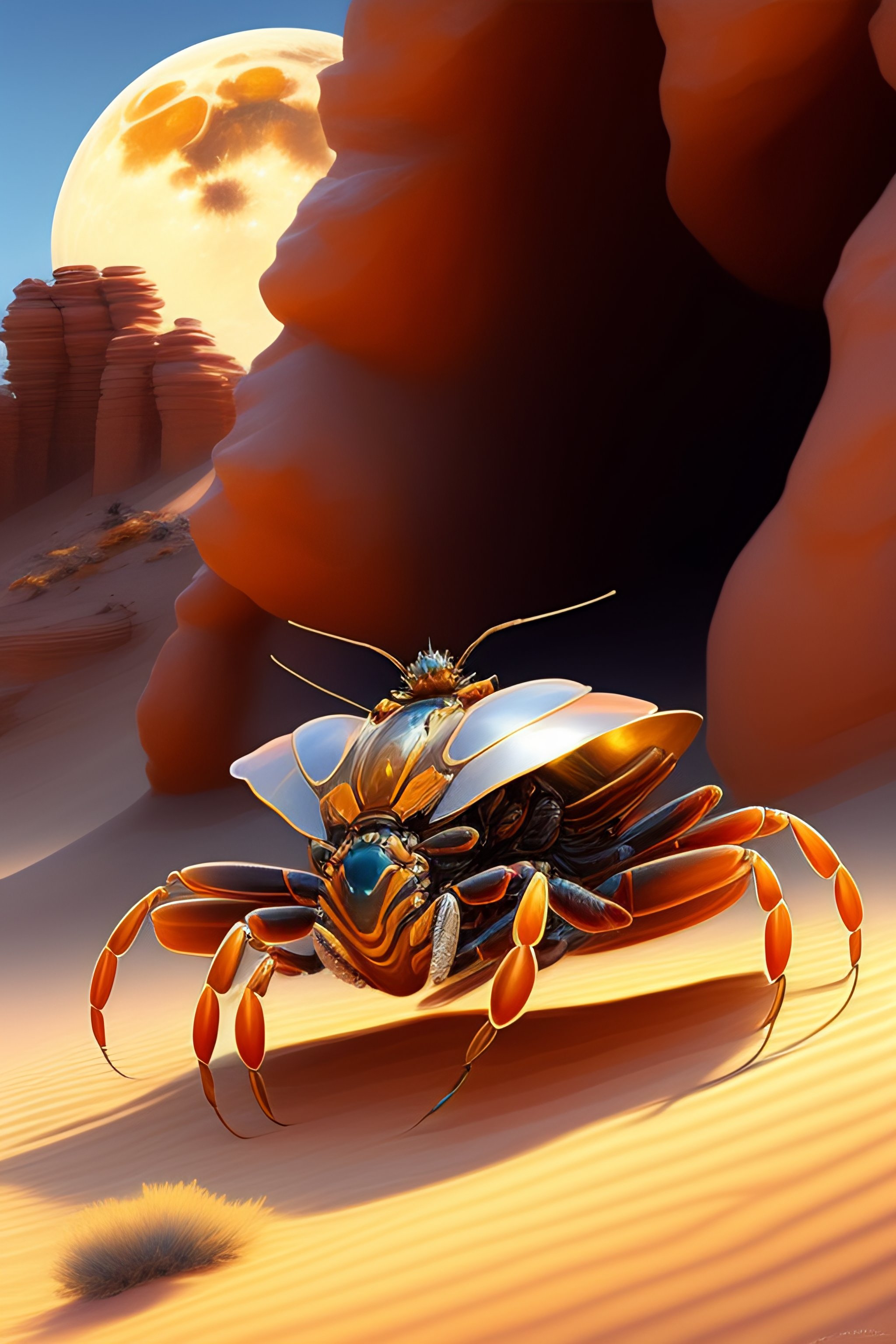 Lexica - An artistic full body of a standing insect humanoid with crab shell in a desert with a ...
