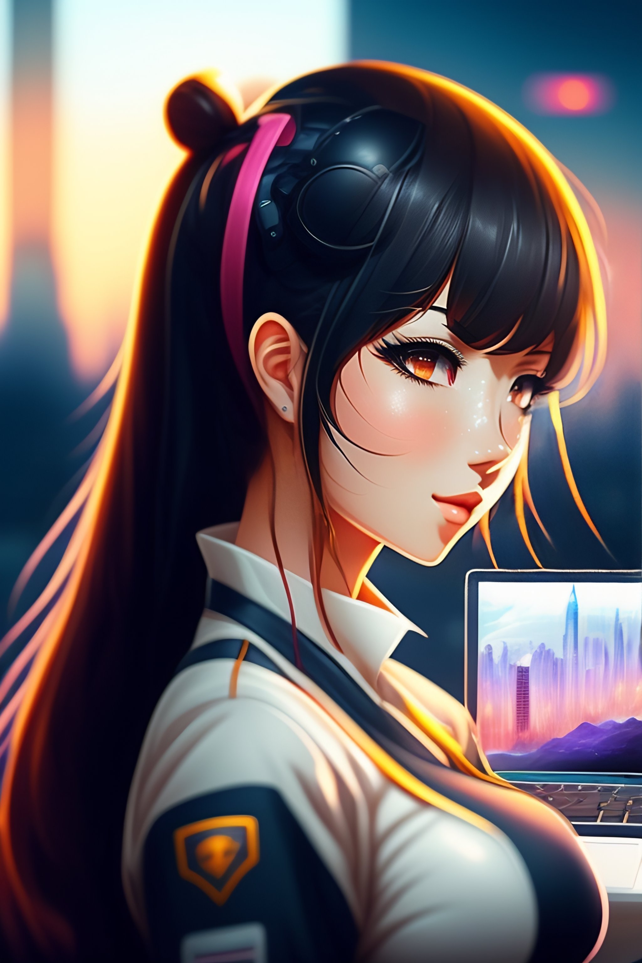 Lexica - Cute sexy anime girl working on laptop skyline background