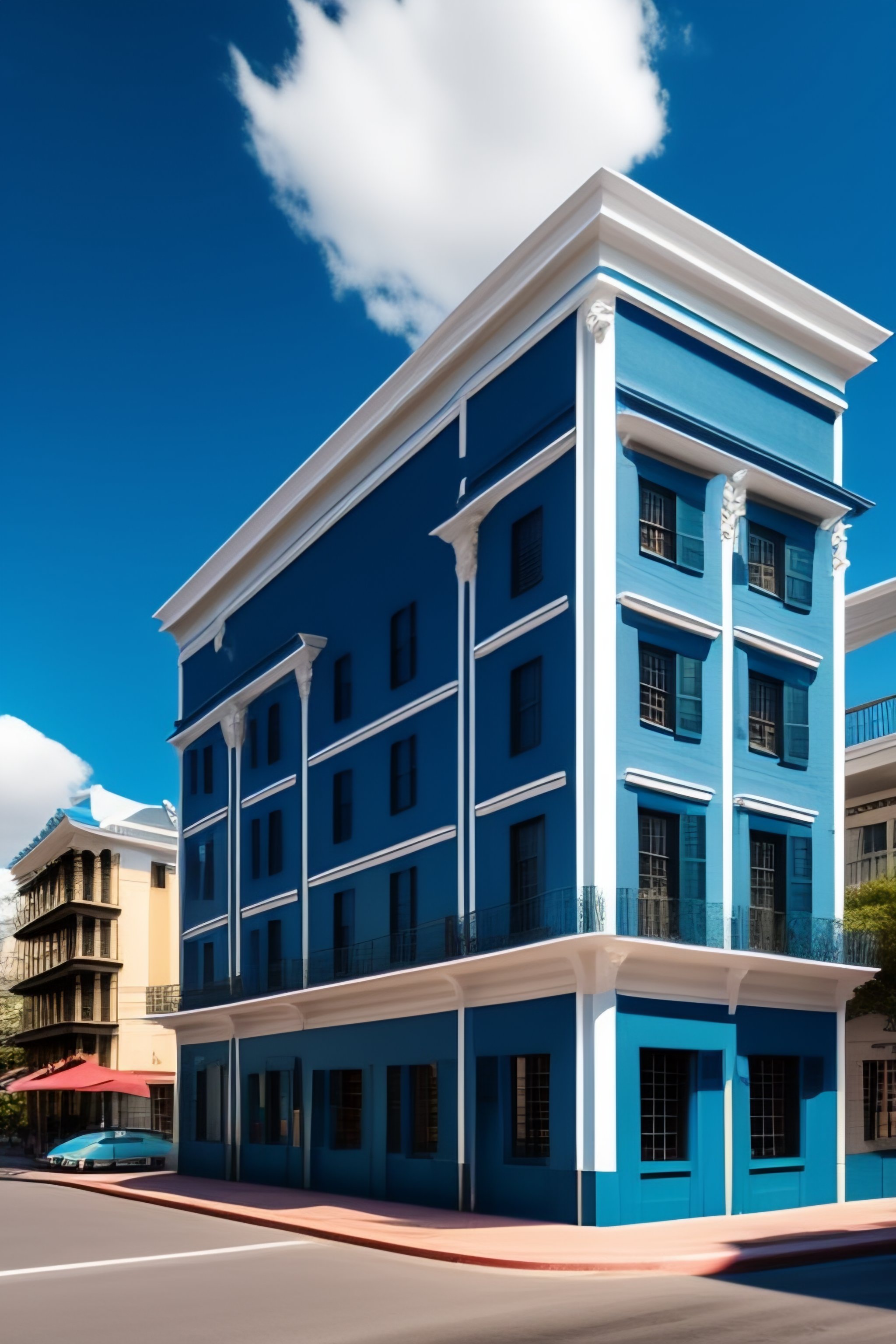 Lexica - 3 story building in colonial style in pedestrian street blue sky