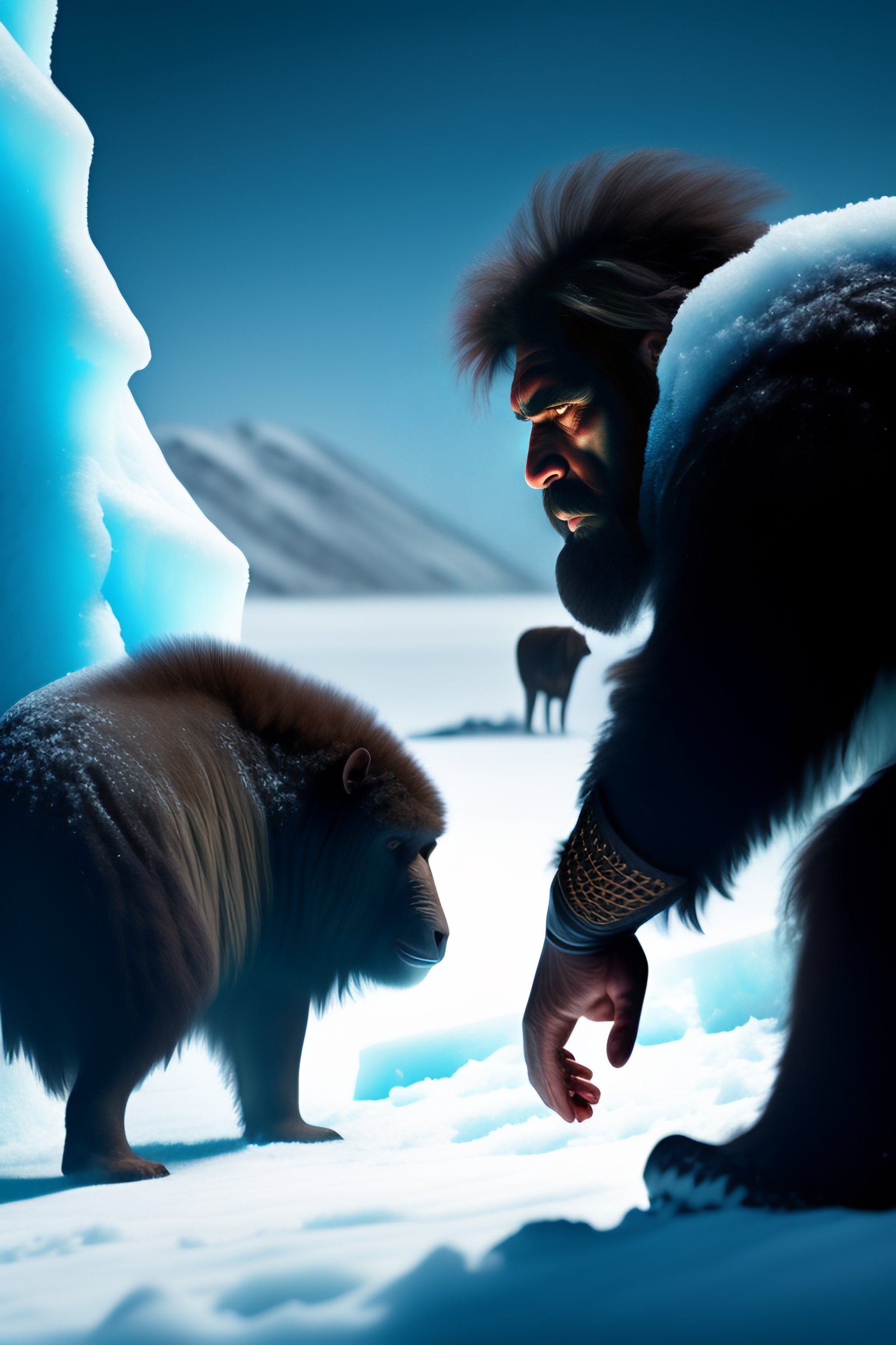 Lexica - A neanderthal caveman hunt seek animal frozen in the ice Snow
