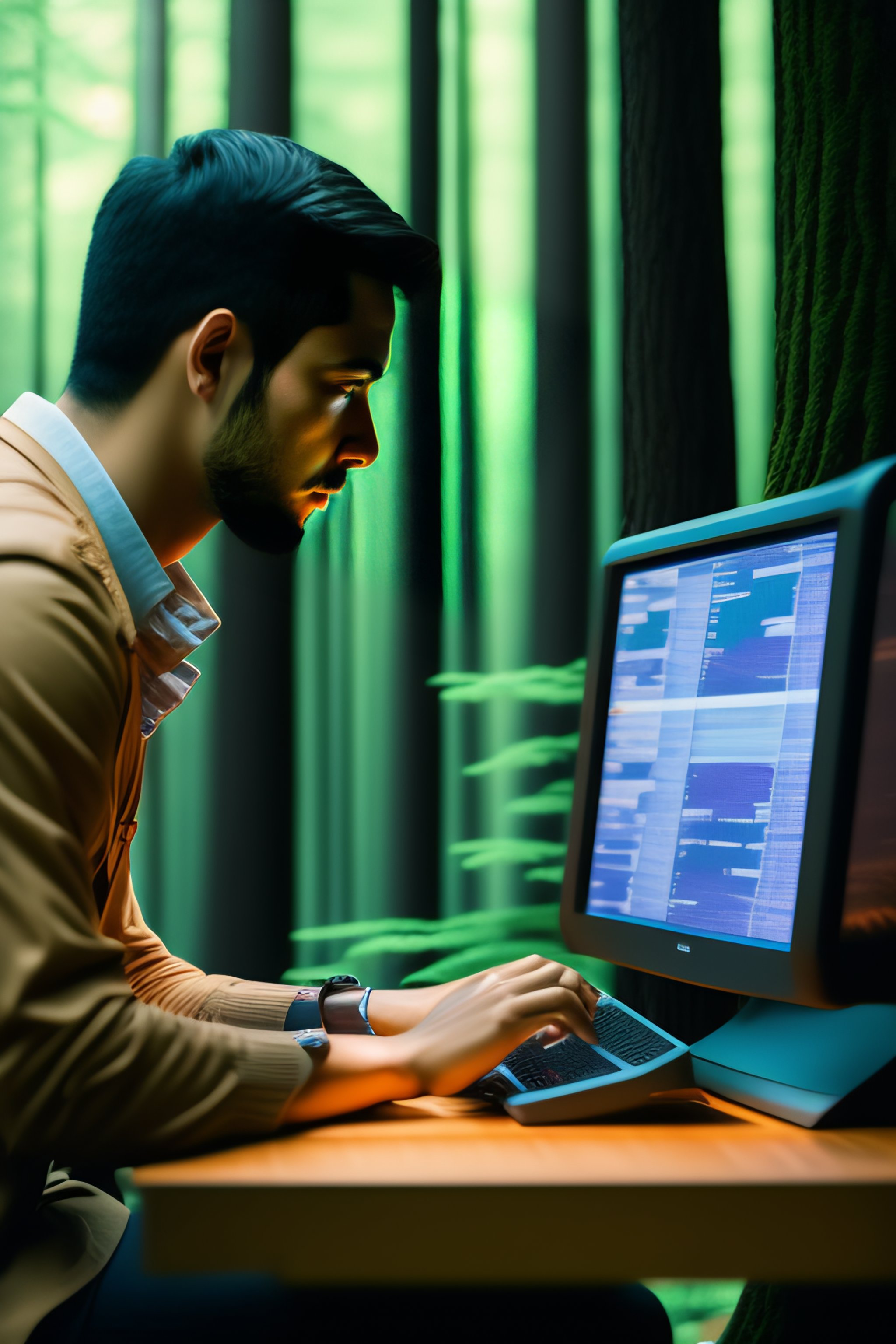 Lexica - Portrait of programmer next to computer in the forrest