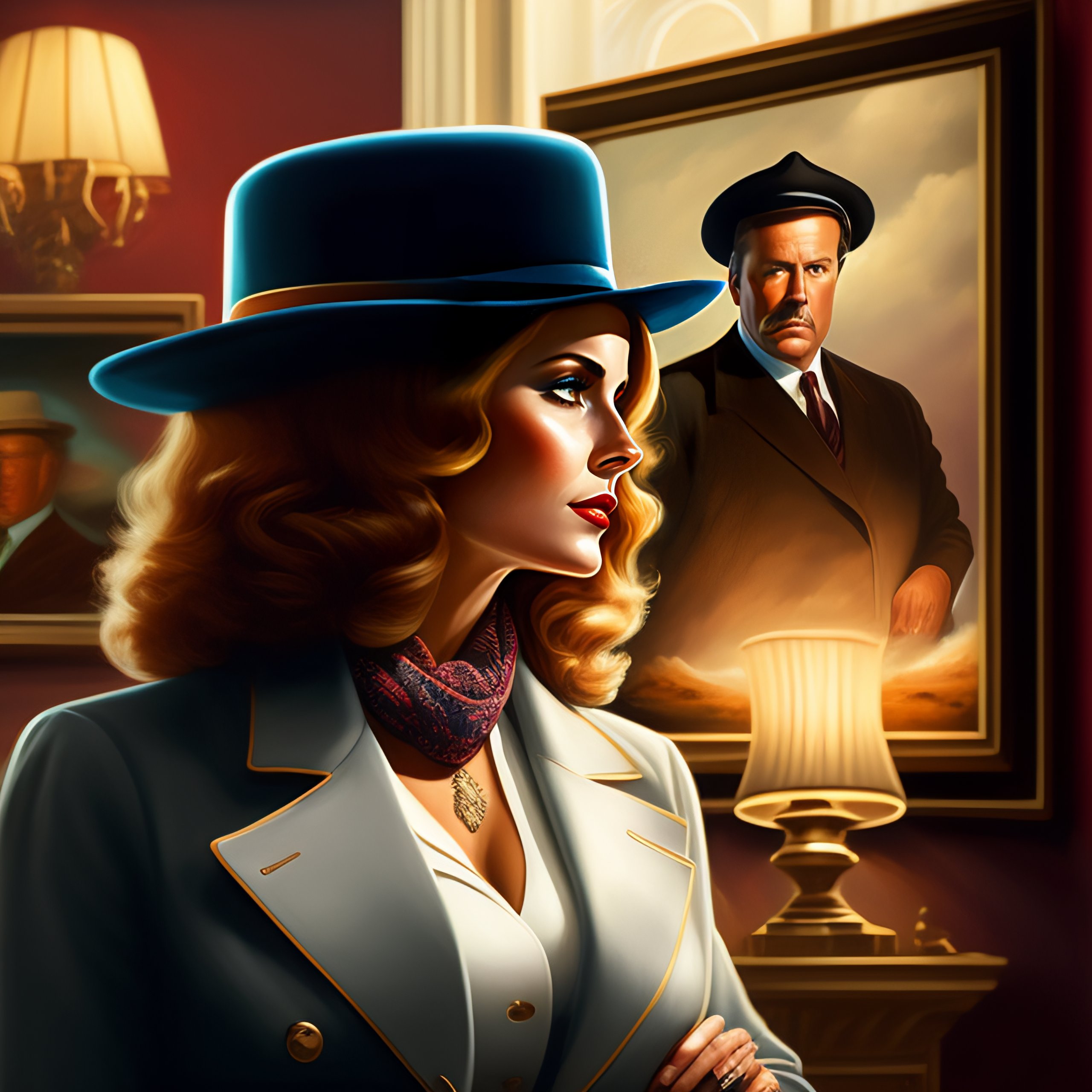 Lexica - Old private detective and woman, big living room, painting style, noir