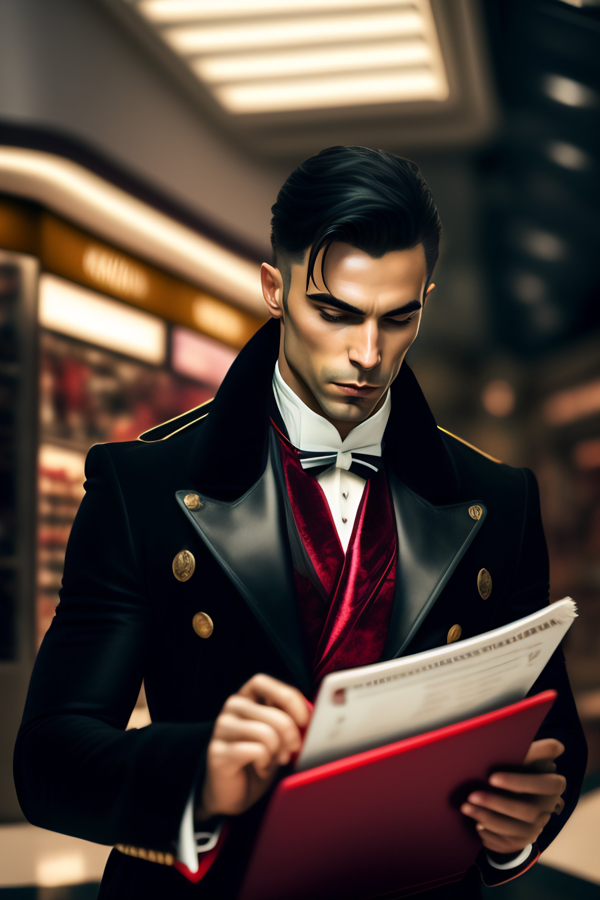 Lexica - A male vampire reading a magazine in a mall