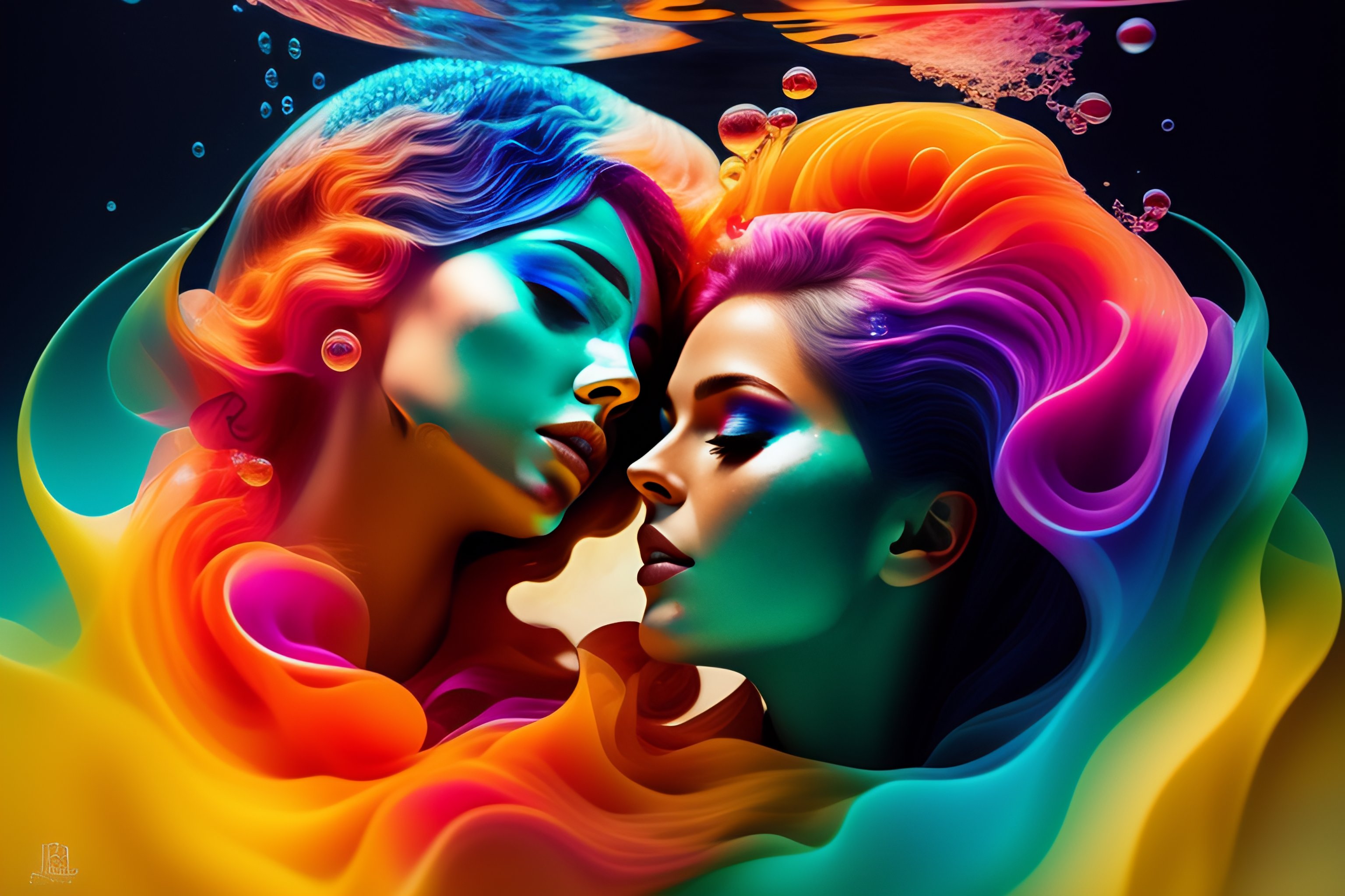 Lexica - Abstract colorful underwater ink art of two girls in love ...