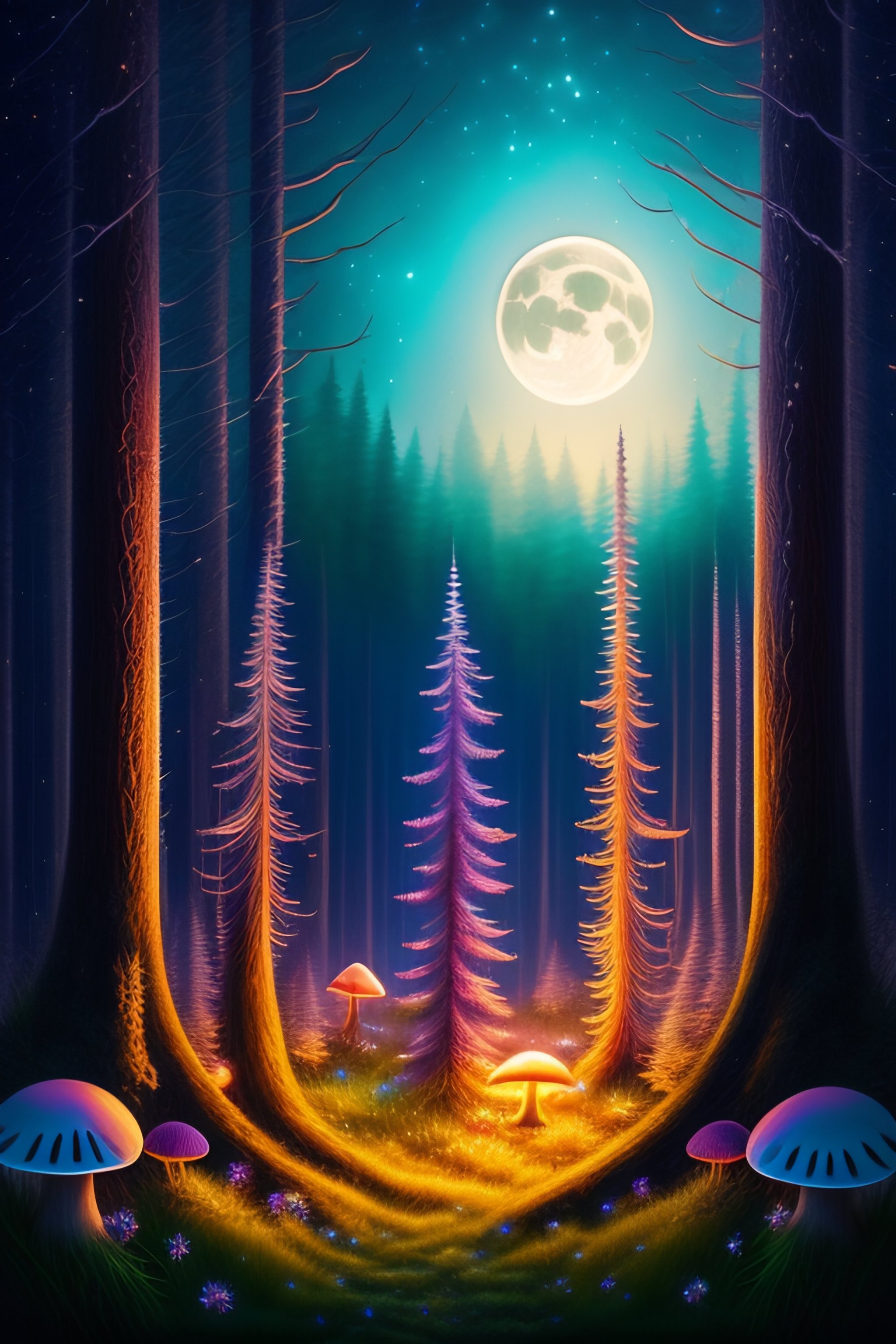 Lexica - Cosmic forest overgrown with mushrooms in the moonlight