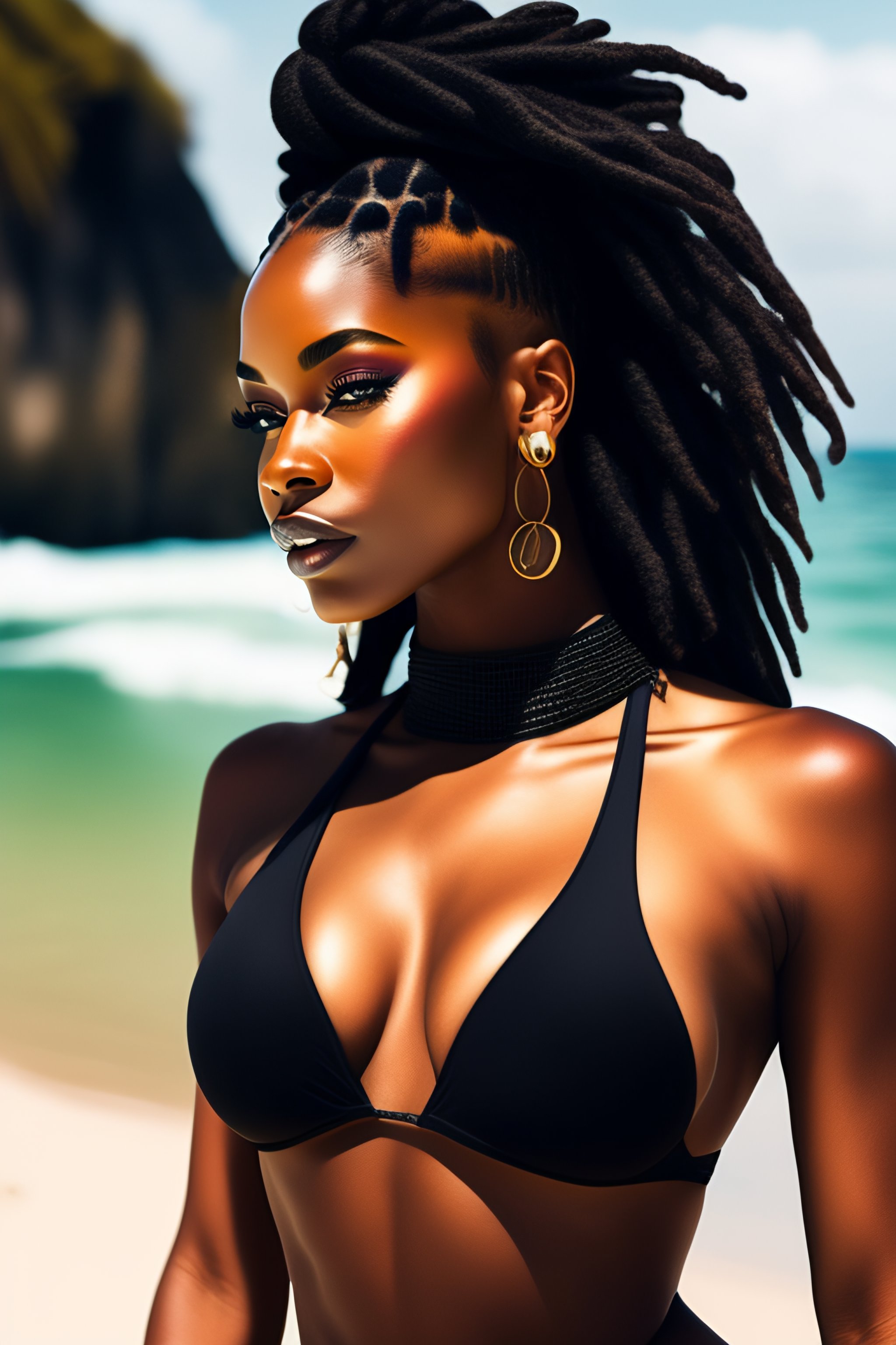 Lexica - Black woman with dreadlocks monokini in sea