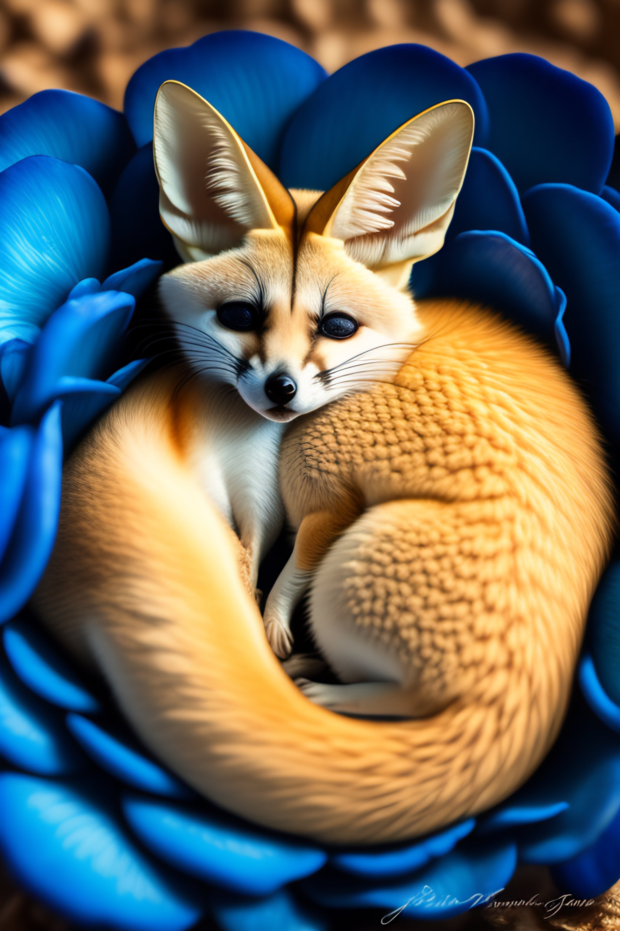 Lexica - Fennec fox curled up sleeping in front of blue roses
