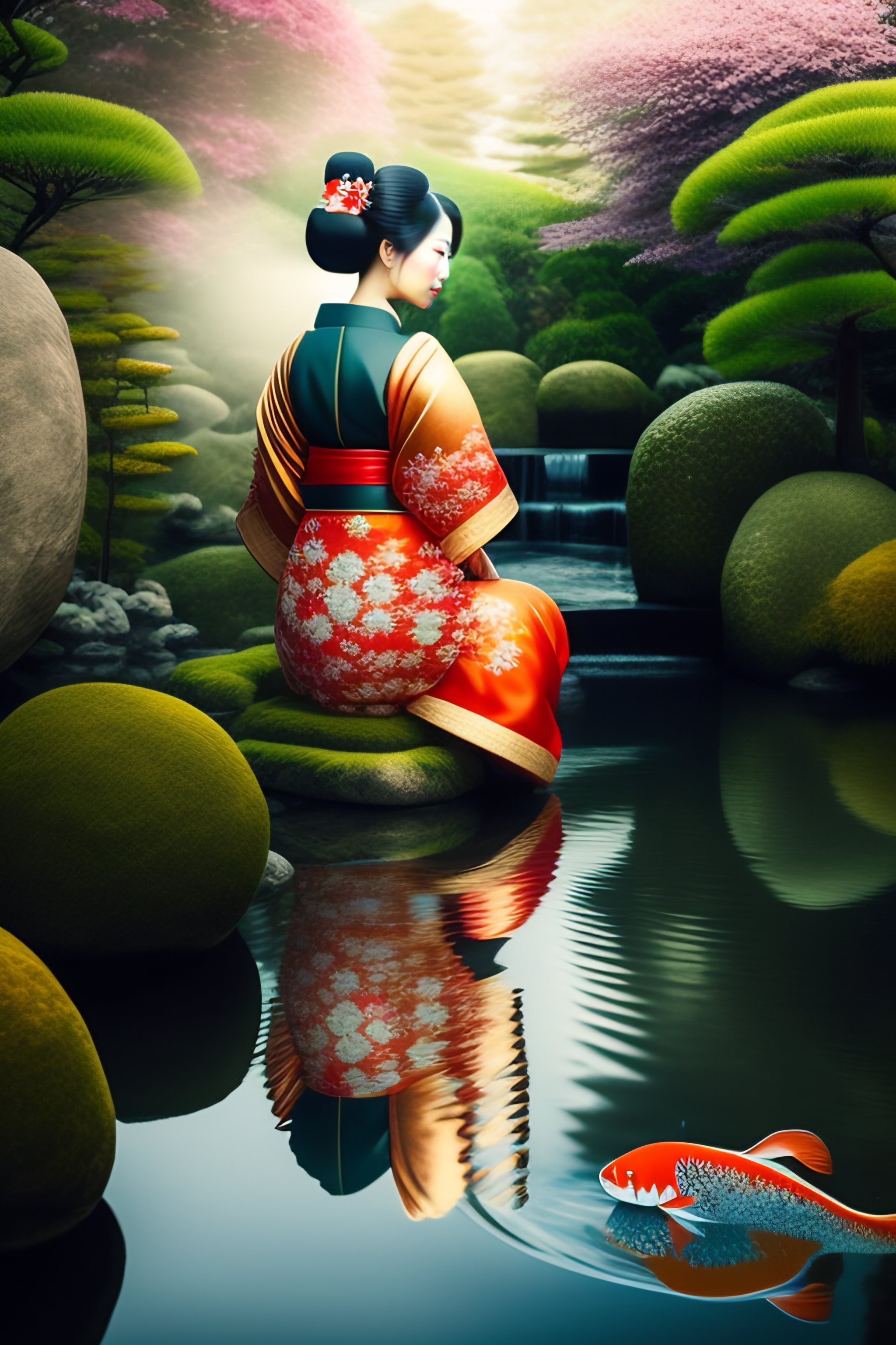 Lexica - Beautiful Japanese geisha in a Japanese garden with a koi fish ...