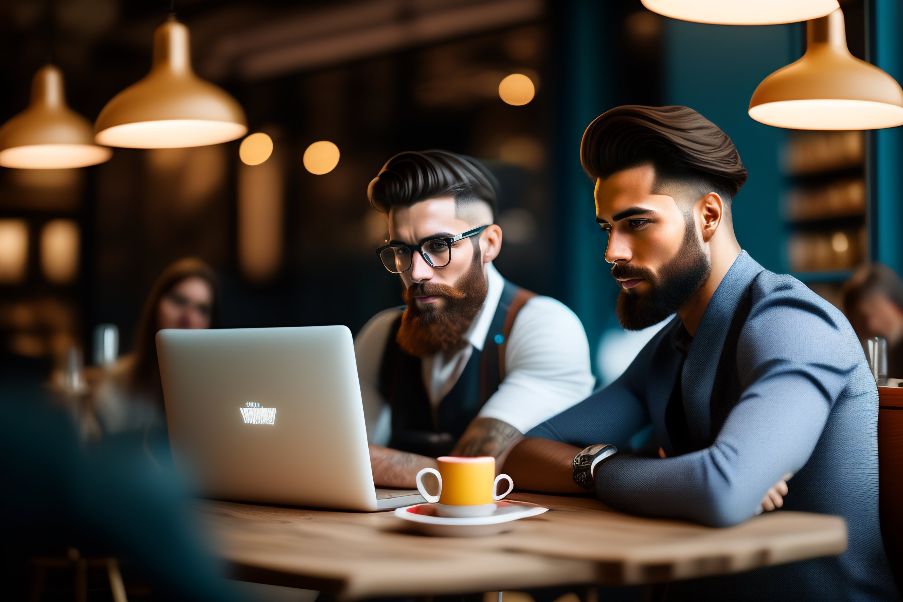 Lexica - Hipsters designers working on laptop in cafe, one is woman