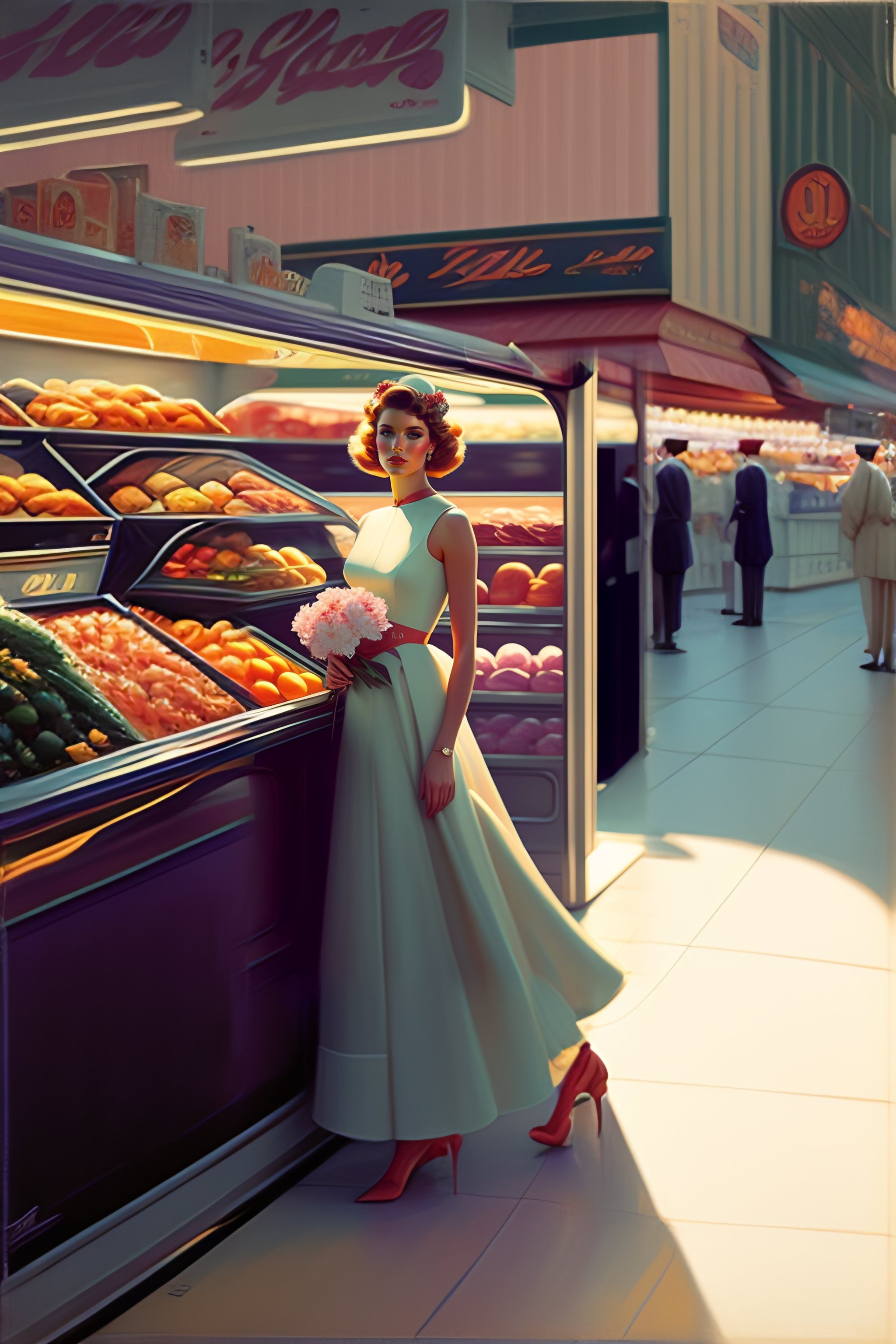 Lexica - "Stylish floral dress in a convenience store 7/11" by Syd Mead ...