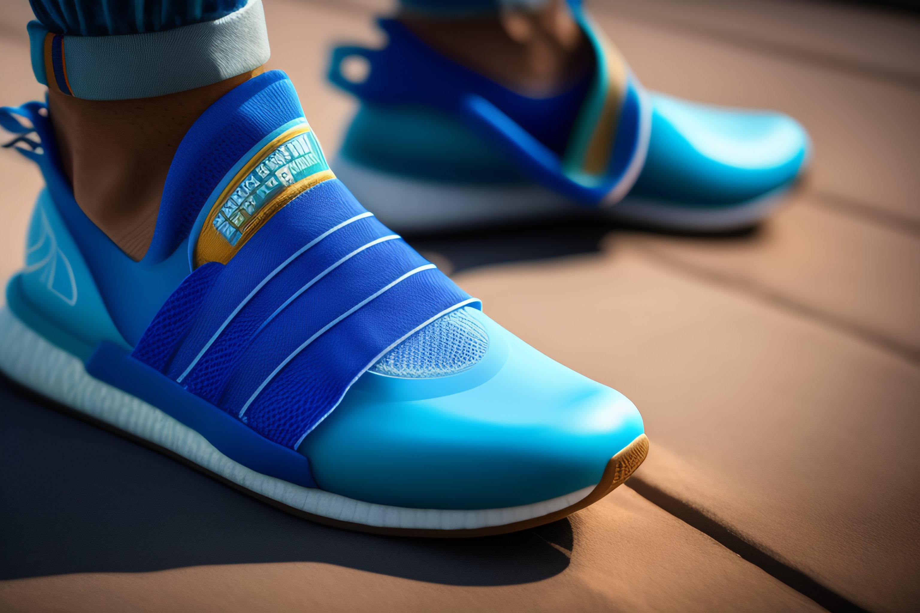 Lexica - A close up of a person's feet with a blue shoe cover, foot wraps