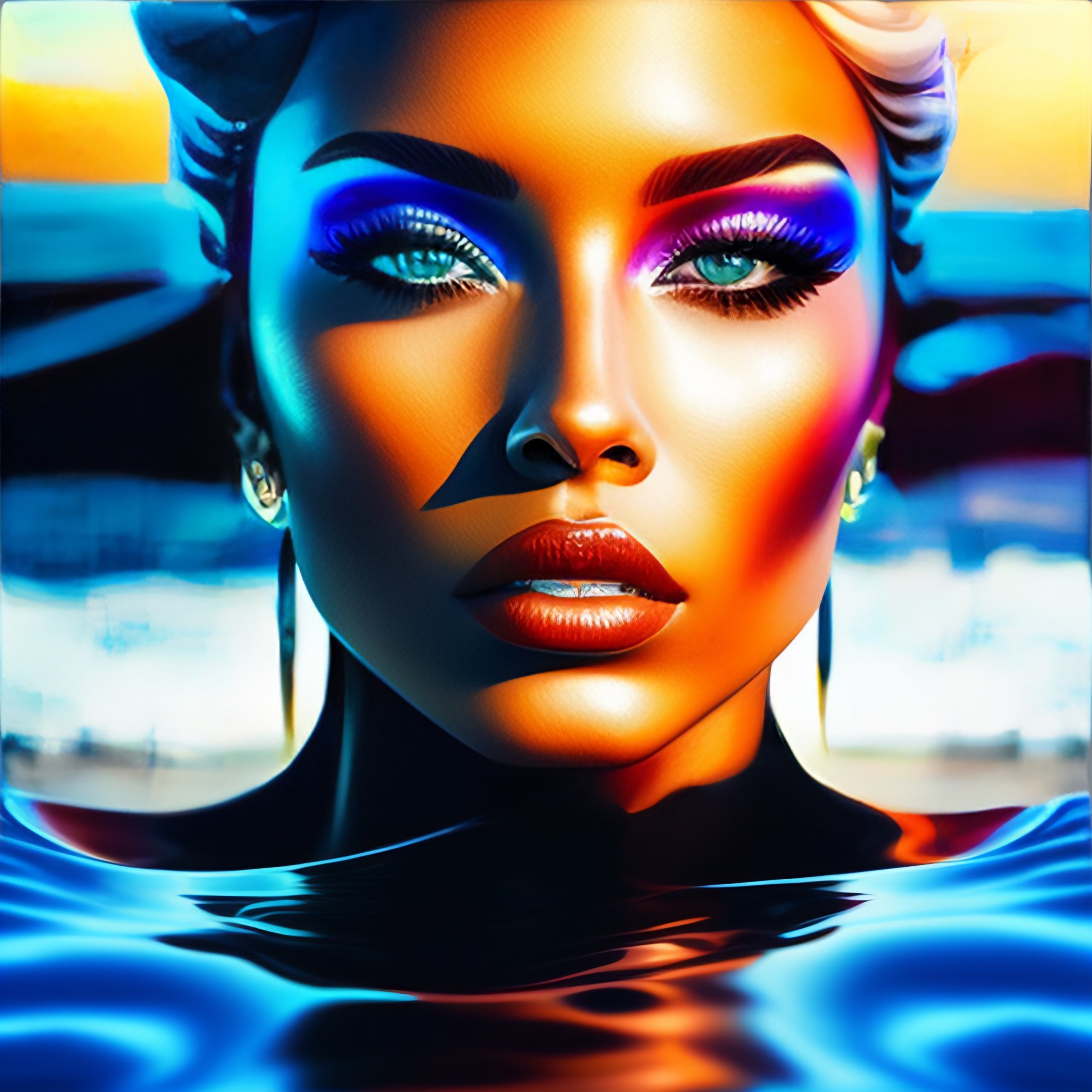 Lexica - Cyber chrome girl coming out of the water on a beach ...